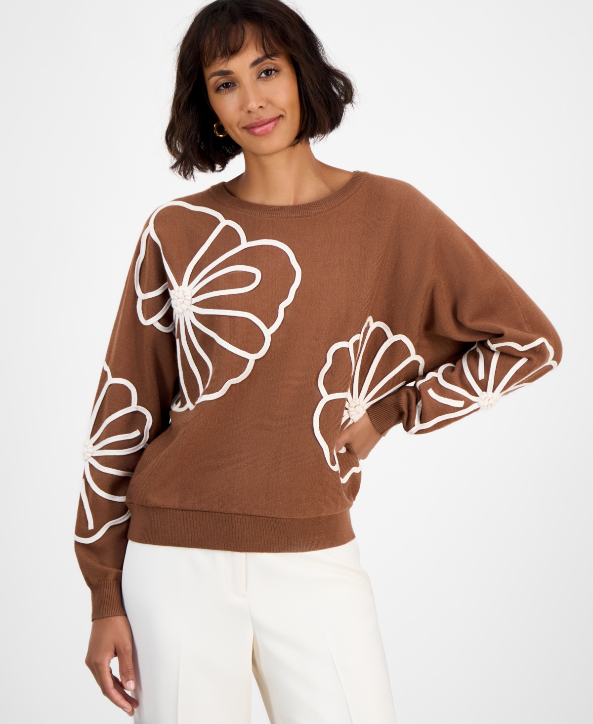 Click here for T Tahari Womens Floral-Embroidered Long-Sleeve Swe... prices