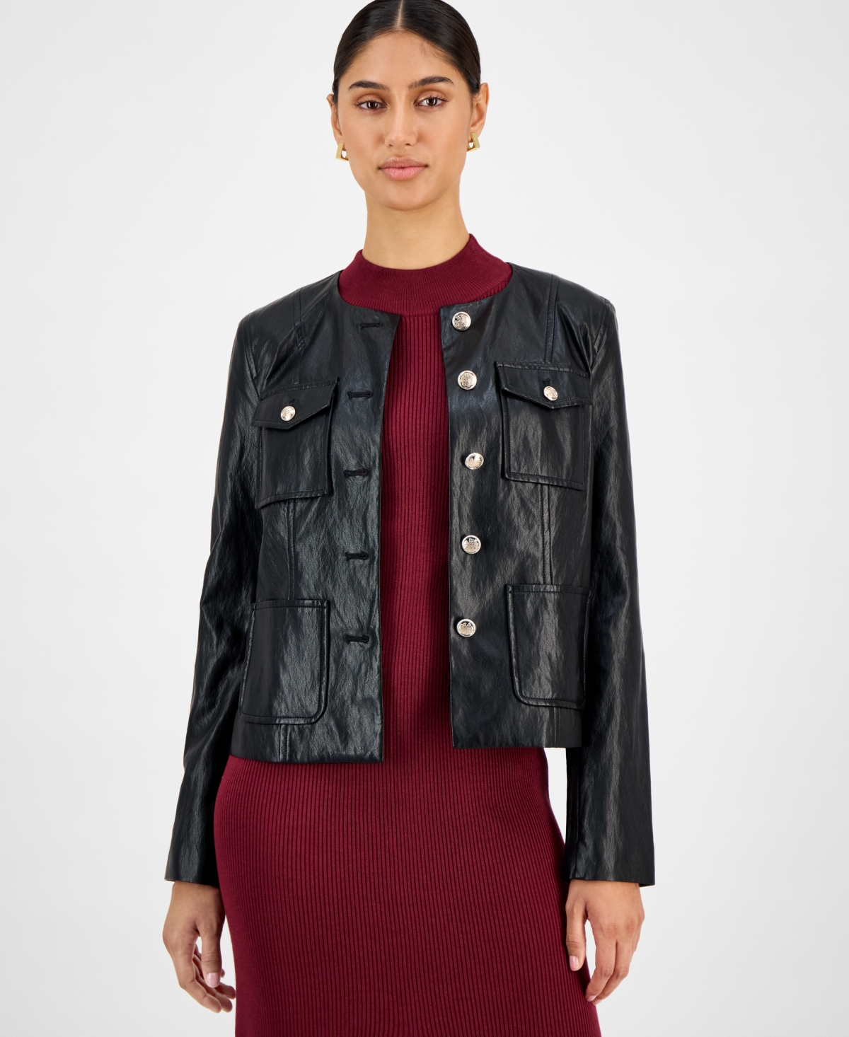 Click here for T Tahari Womens Button-Front Faux Leather Jacket -... prices