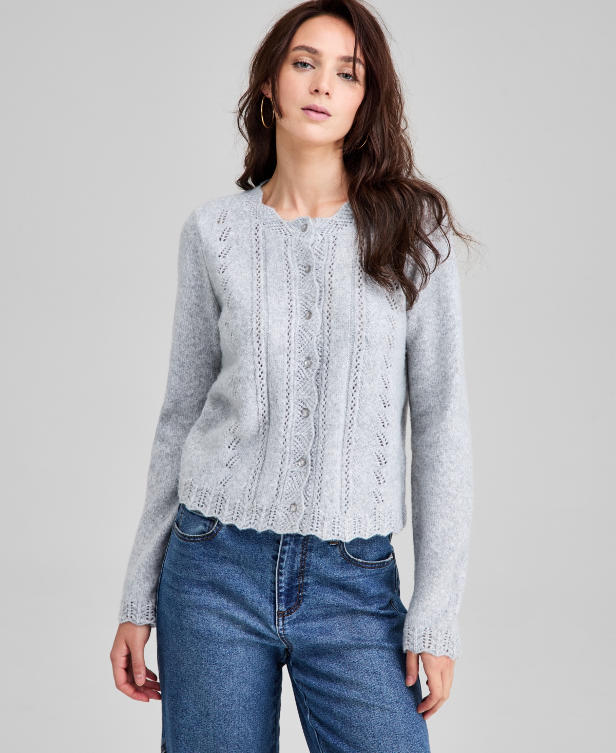 Click here for And Now This Womens Pointelle Scalloped-Edge Cardi... prices