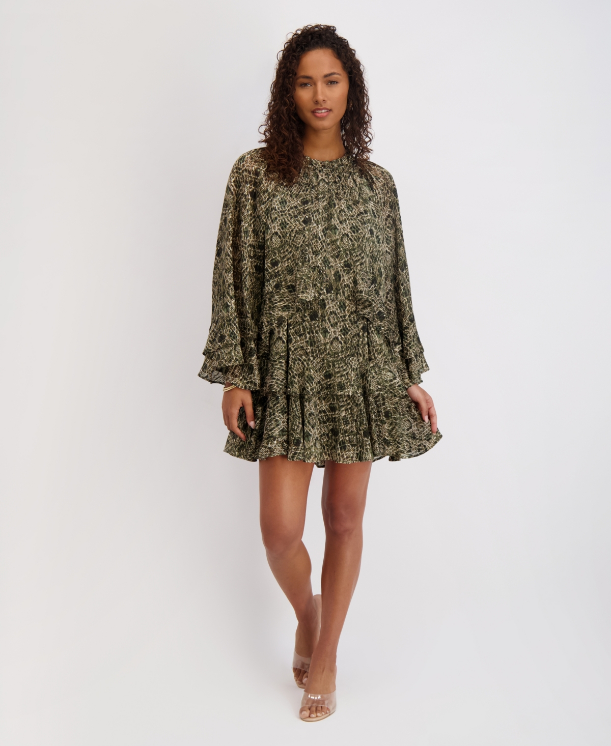 Click here for kensie Womens Printed Ruffled Volume-Sleeve Tiered... prices