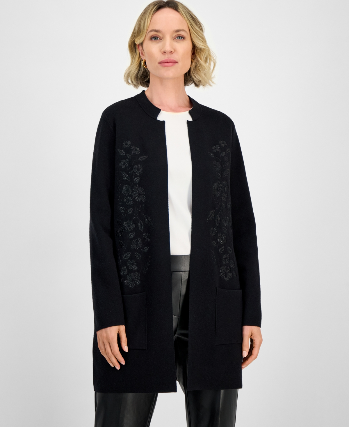 Click here for Kasper Womens Windowpane Open-Front Cardigan - Bla... prices