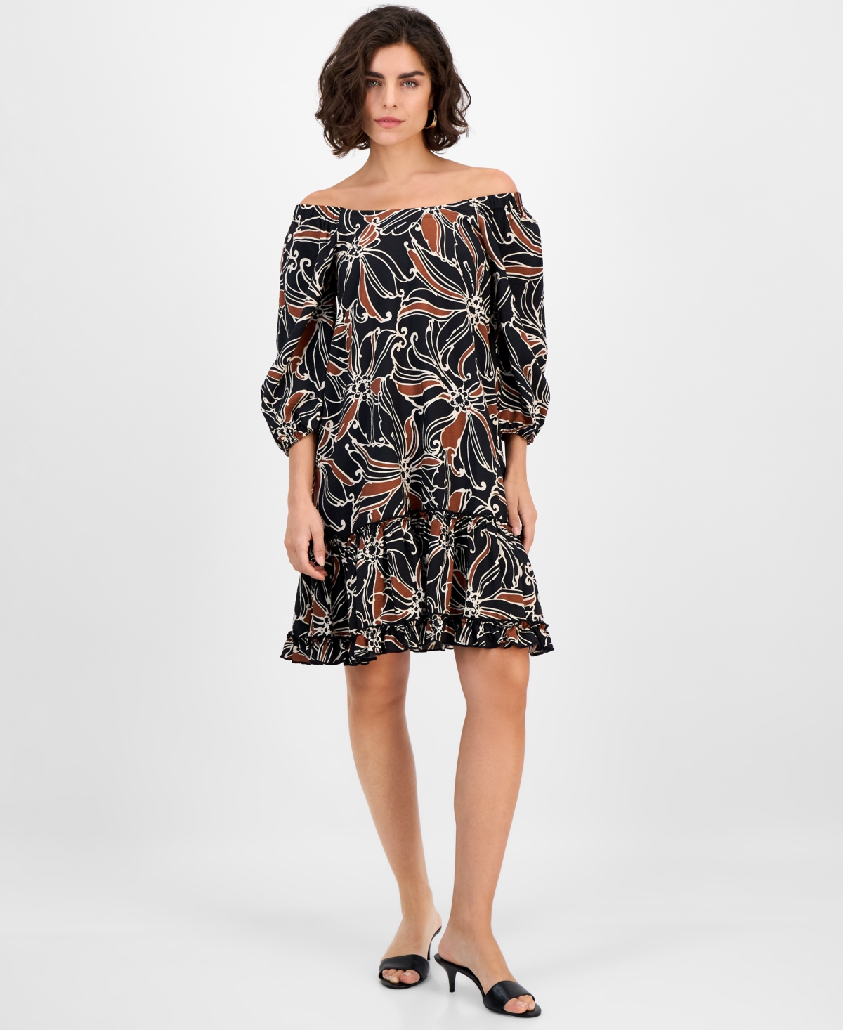 Robbie Bee Womens Square-Neck Ruffle-Trim 3/4-Sleeve Dress - Brown multi
