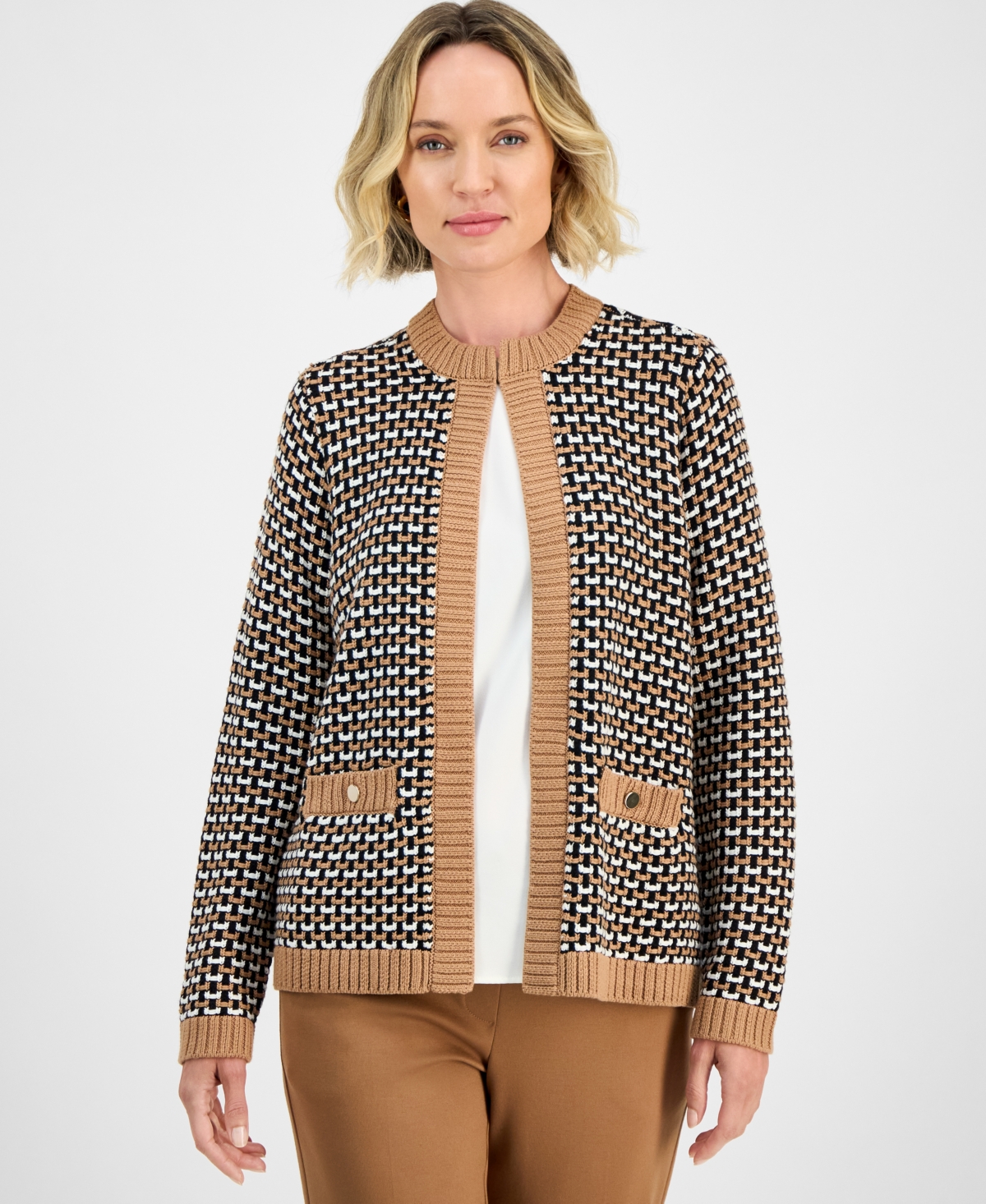 Click here for Kasper Womens Textured Contrast-Trim Cardigan - Me... prices
