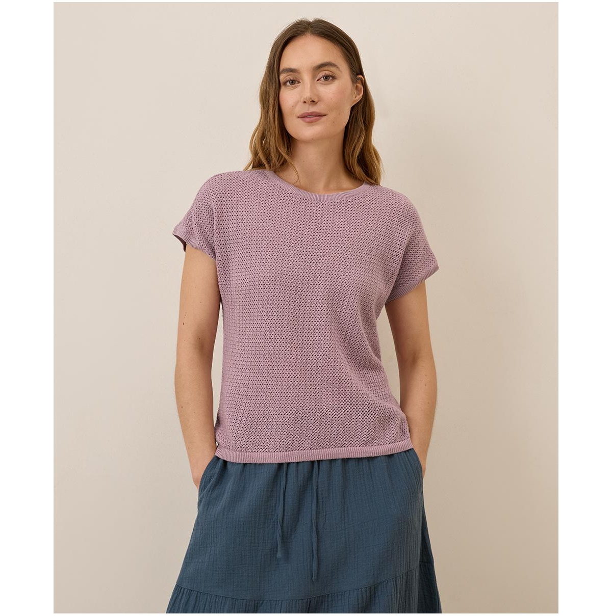 Click here for Pact Beachside Crochet Knit Short Sleeve Top - Lav... prices