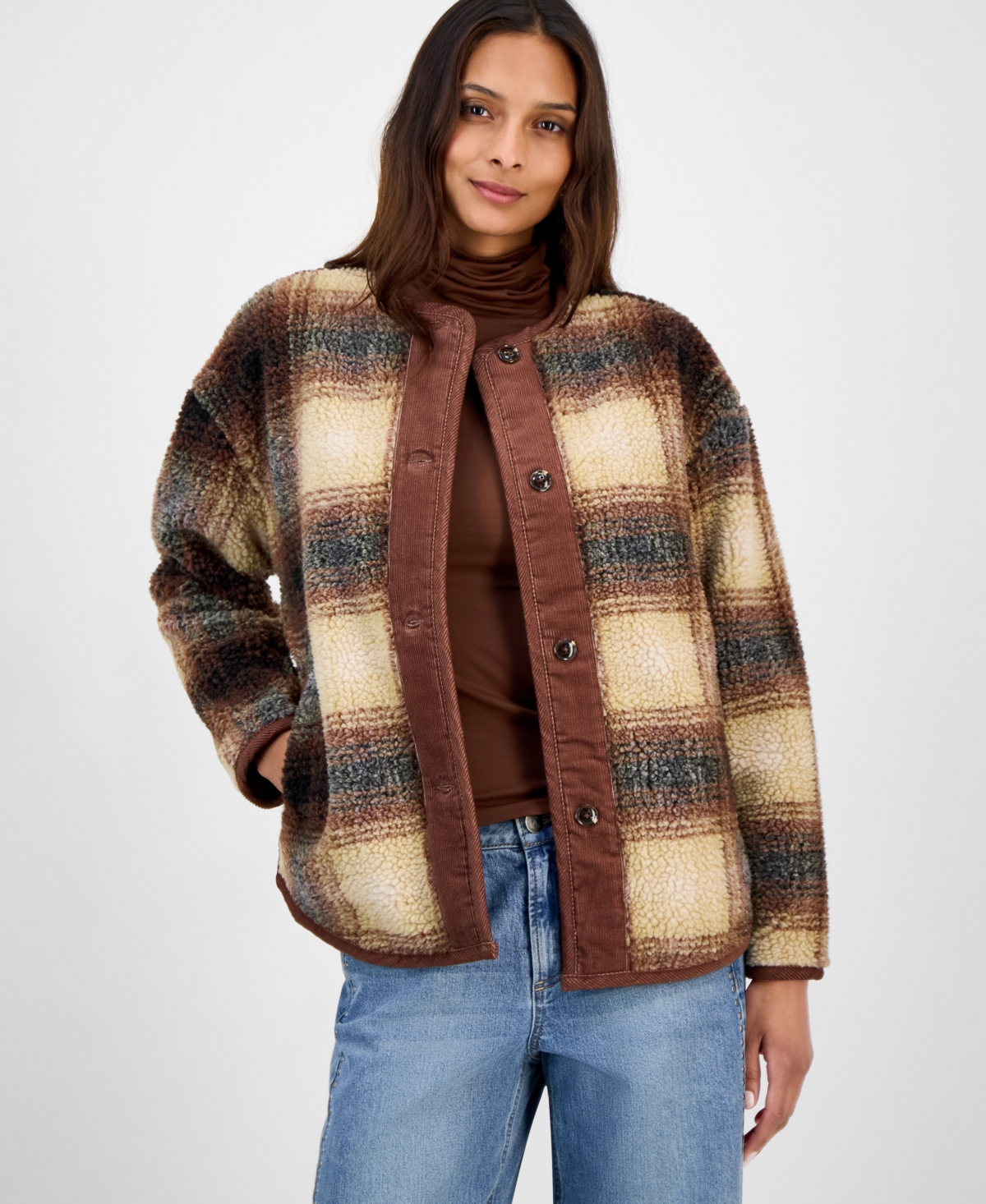 Click here for And Now This Womens Plaid Sherpa Fleece Collarless... prices