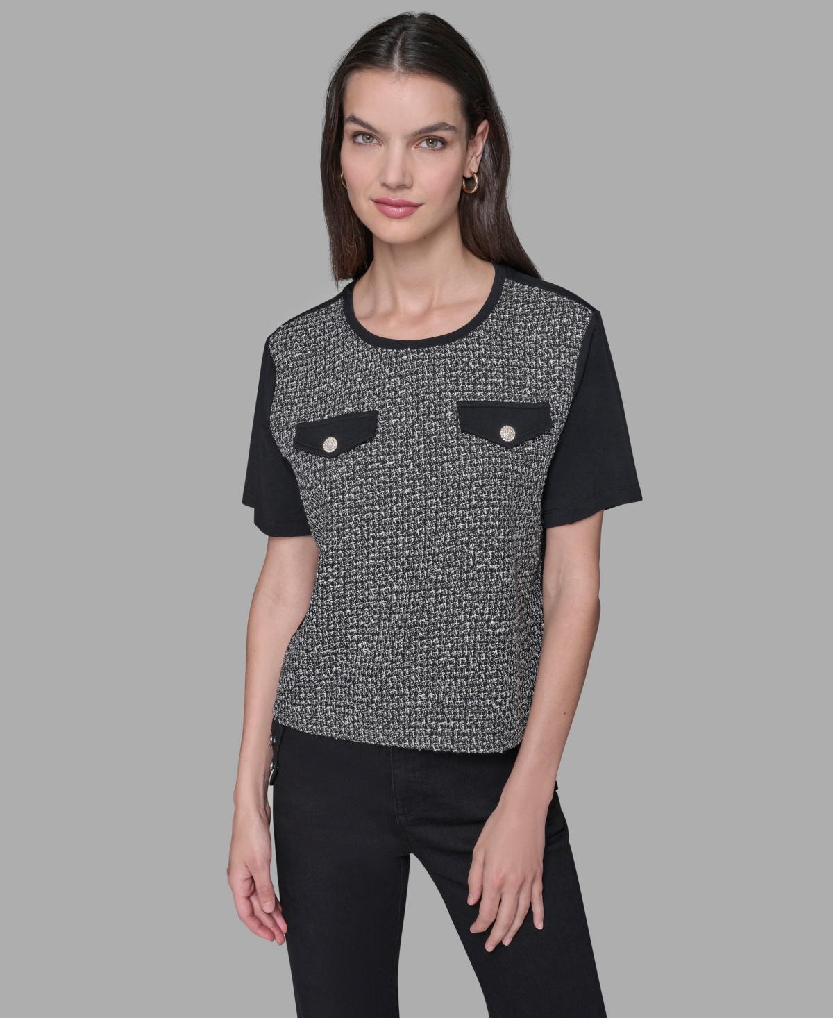 Click here for Karl Lagerfeld Paris Womens Tweed Pocket Knit Shor... prices