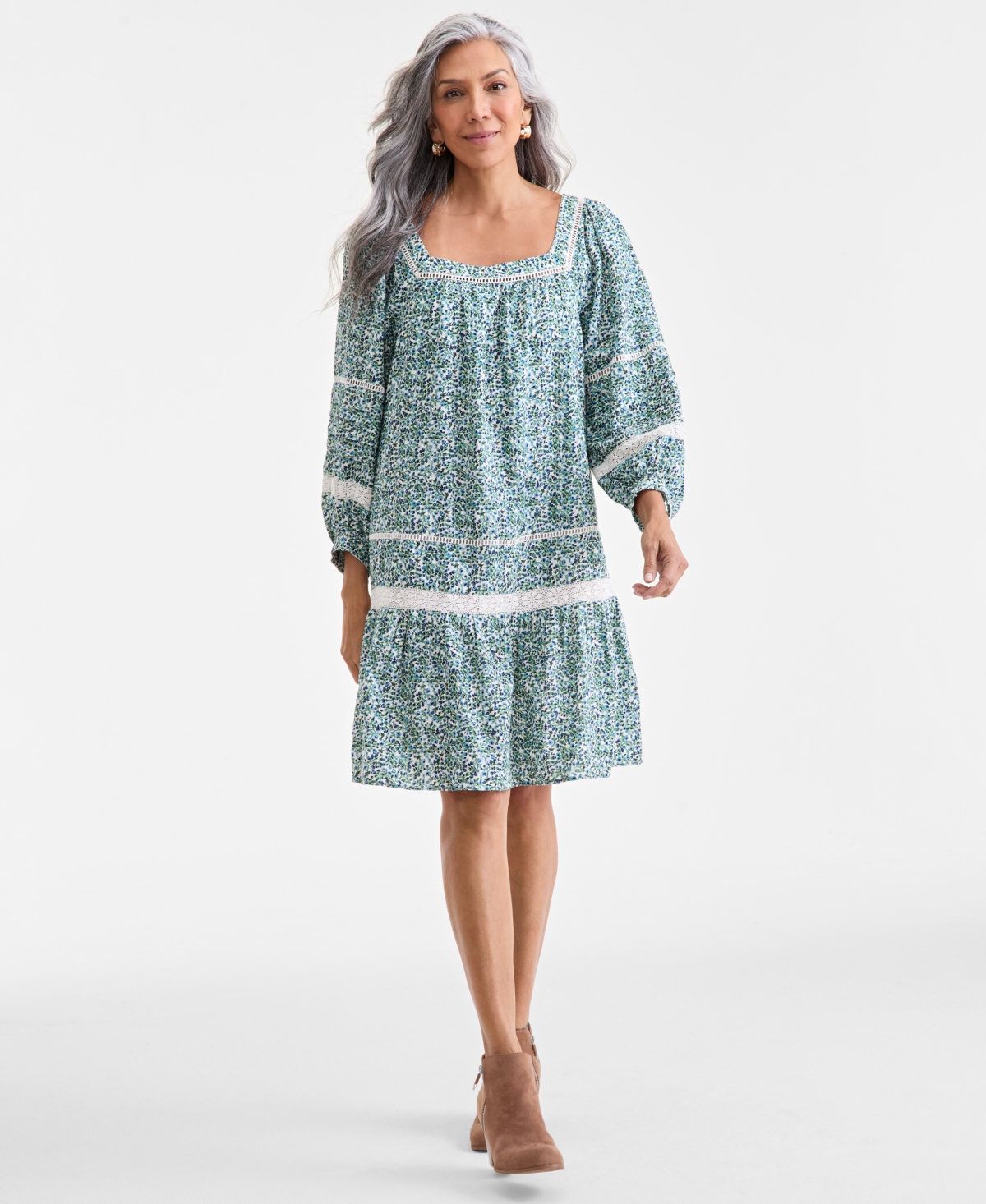Click here for Style & Co Womens Cotton Printed Crochet-Trim Shif... prices