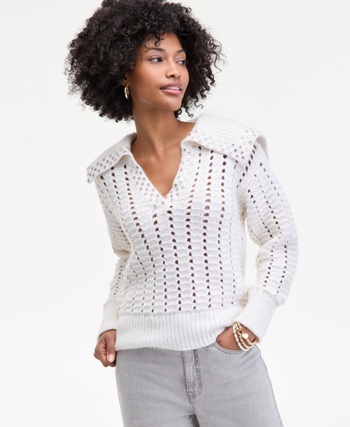 Click here for On 34th Womens Embellished Sailor-Collar Sweater... prices