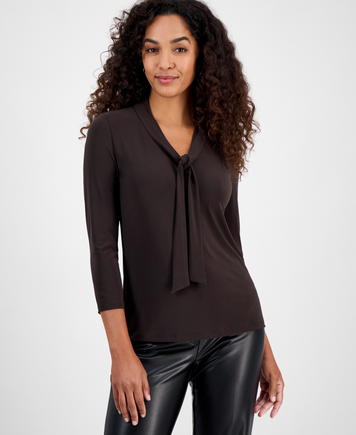 Click here for Kasper Womens Tie-Neck 3/4-Sleeve Top - Rich Choco... prices