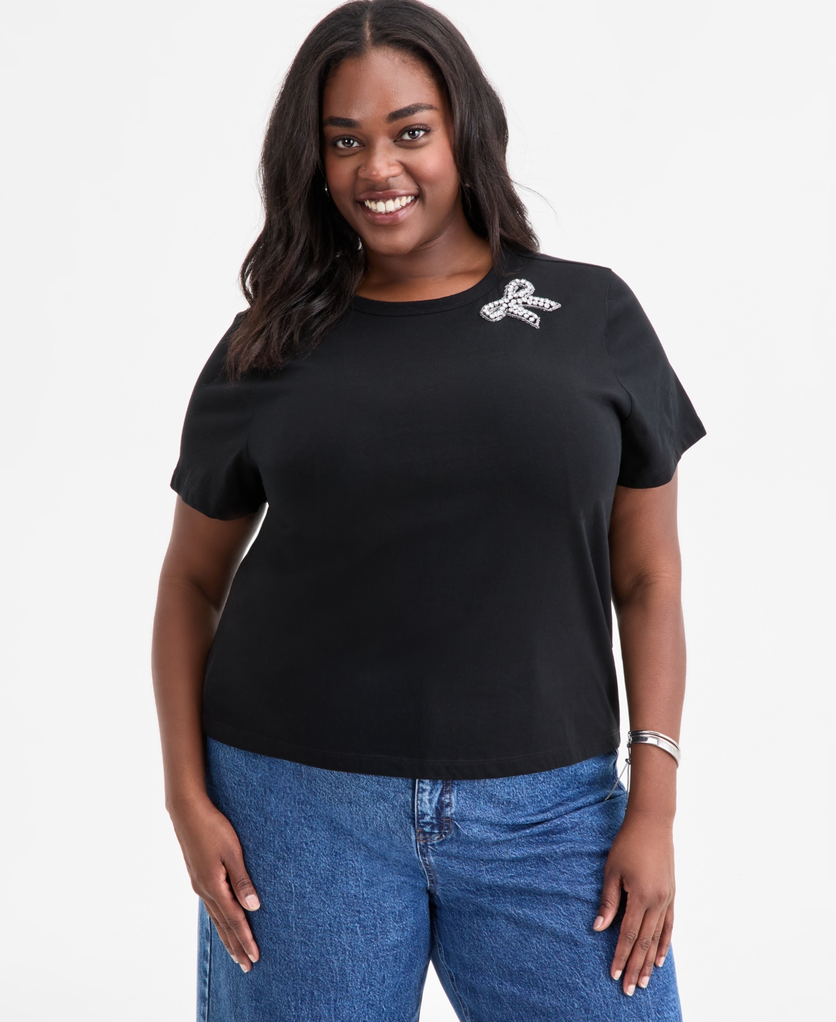 Click here for On 34th Trendy Plus Size Embellished Bow Cotton T-... prices