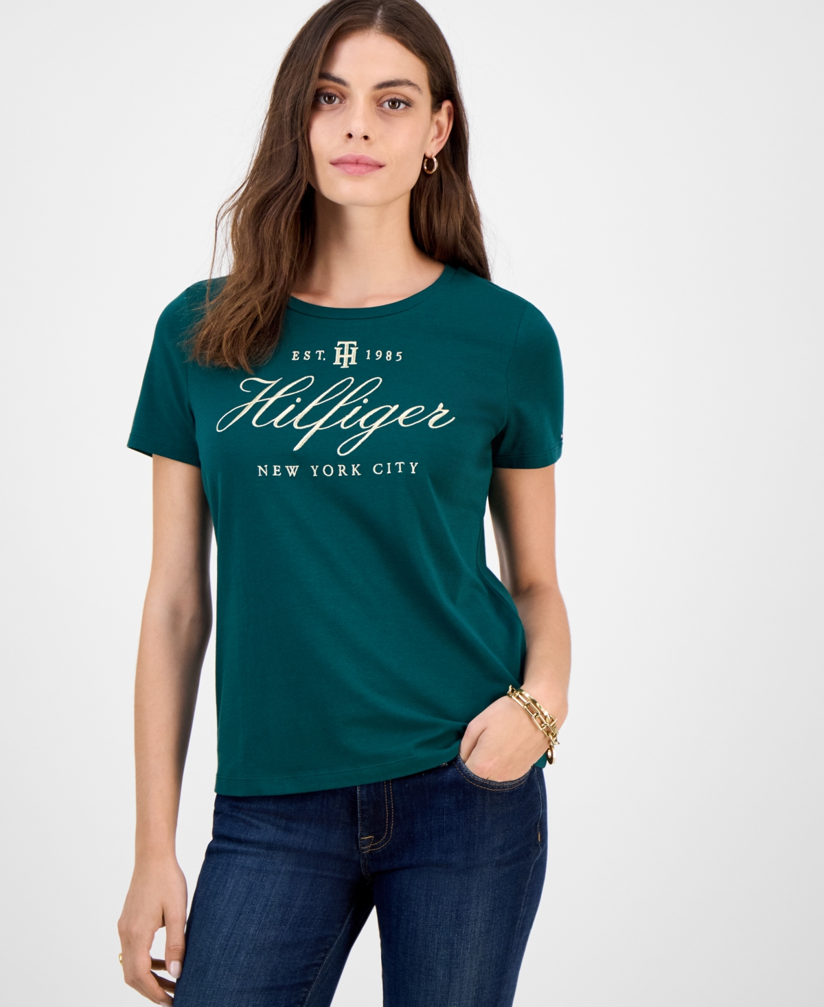 Tommy Hilfiger Womens Cotton-Blend Embroidered Logo T-Shirt - Forest Green