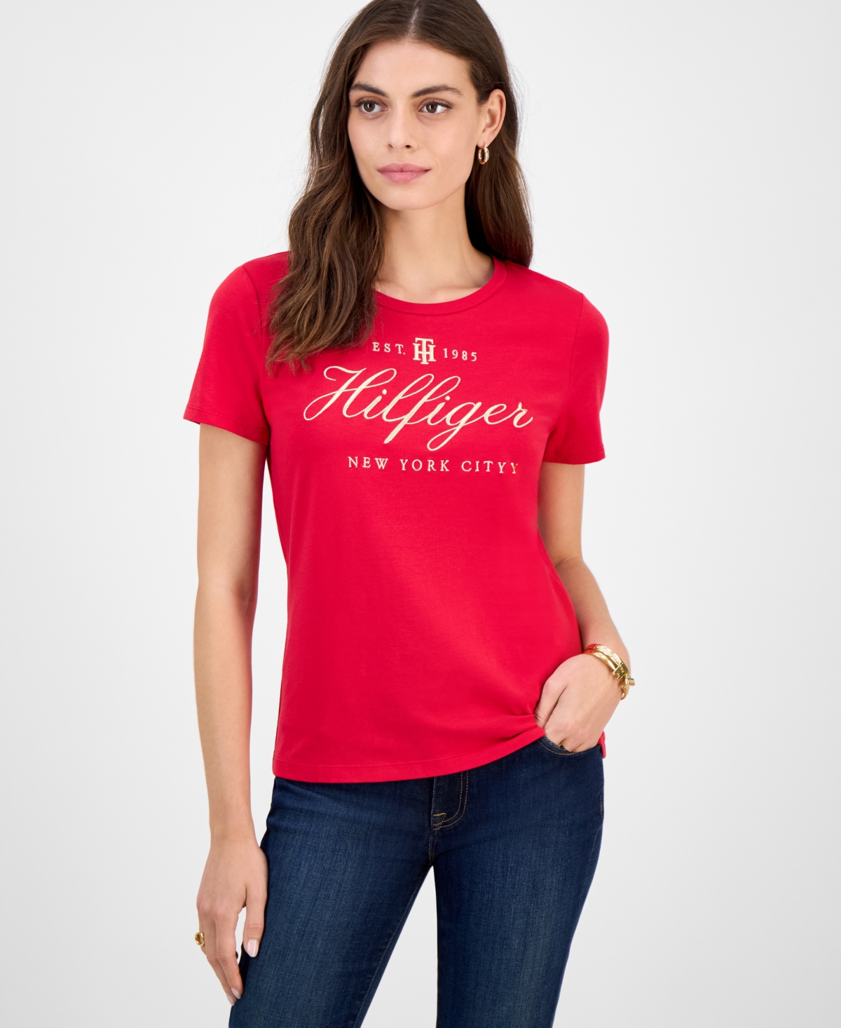 Tommy Hilfiger Womens Cotton-Blend Embroidered Logo T-Shirt - Scarlet