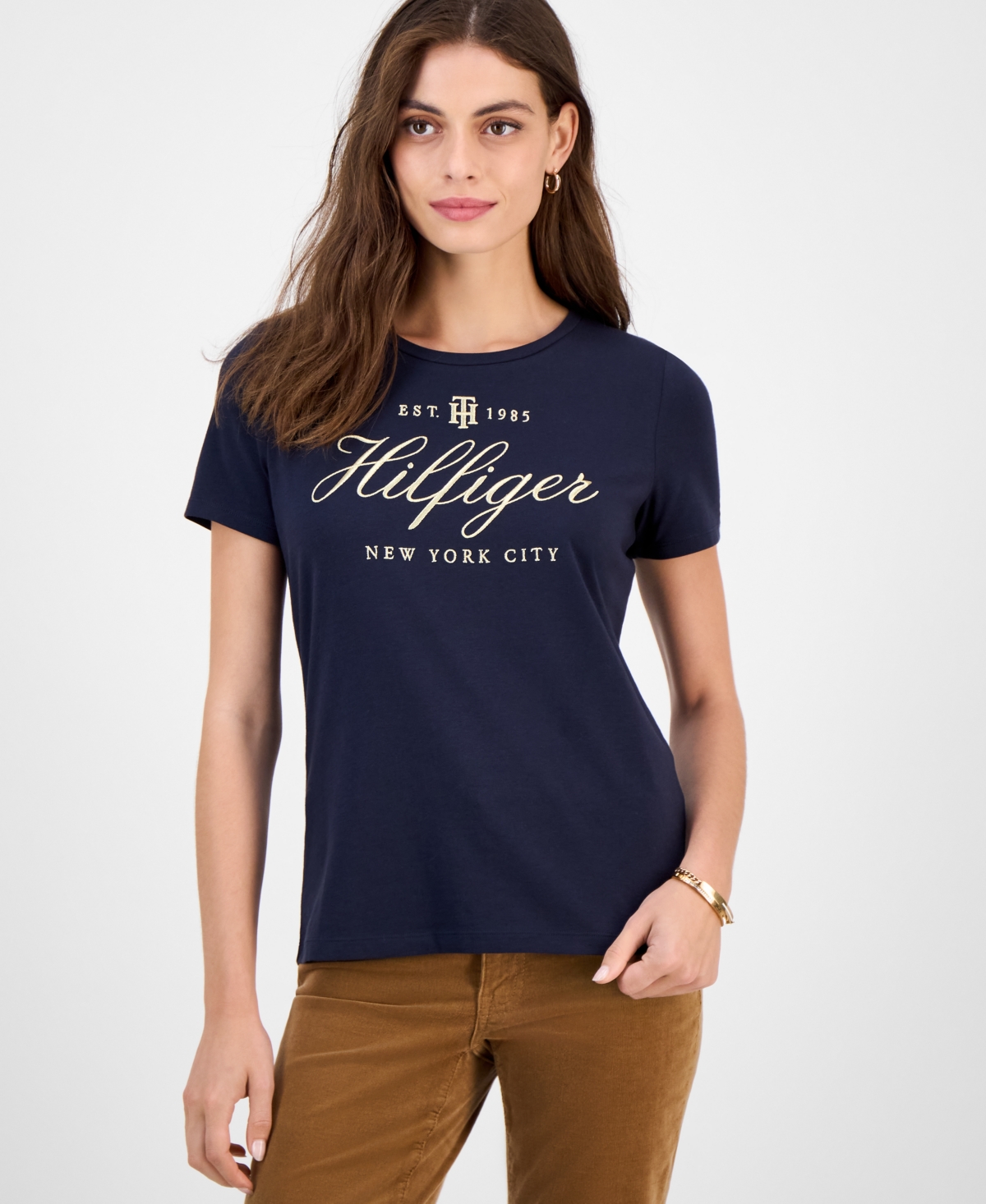 Tommy Hilfiger Womens Cotton-Blend Embroidered Logo T-Shirt - Sky Captain