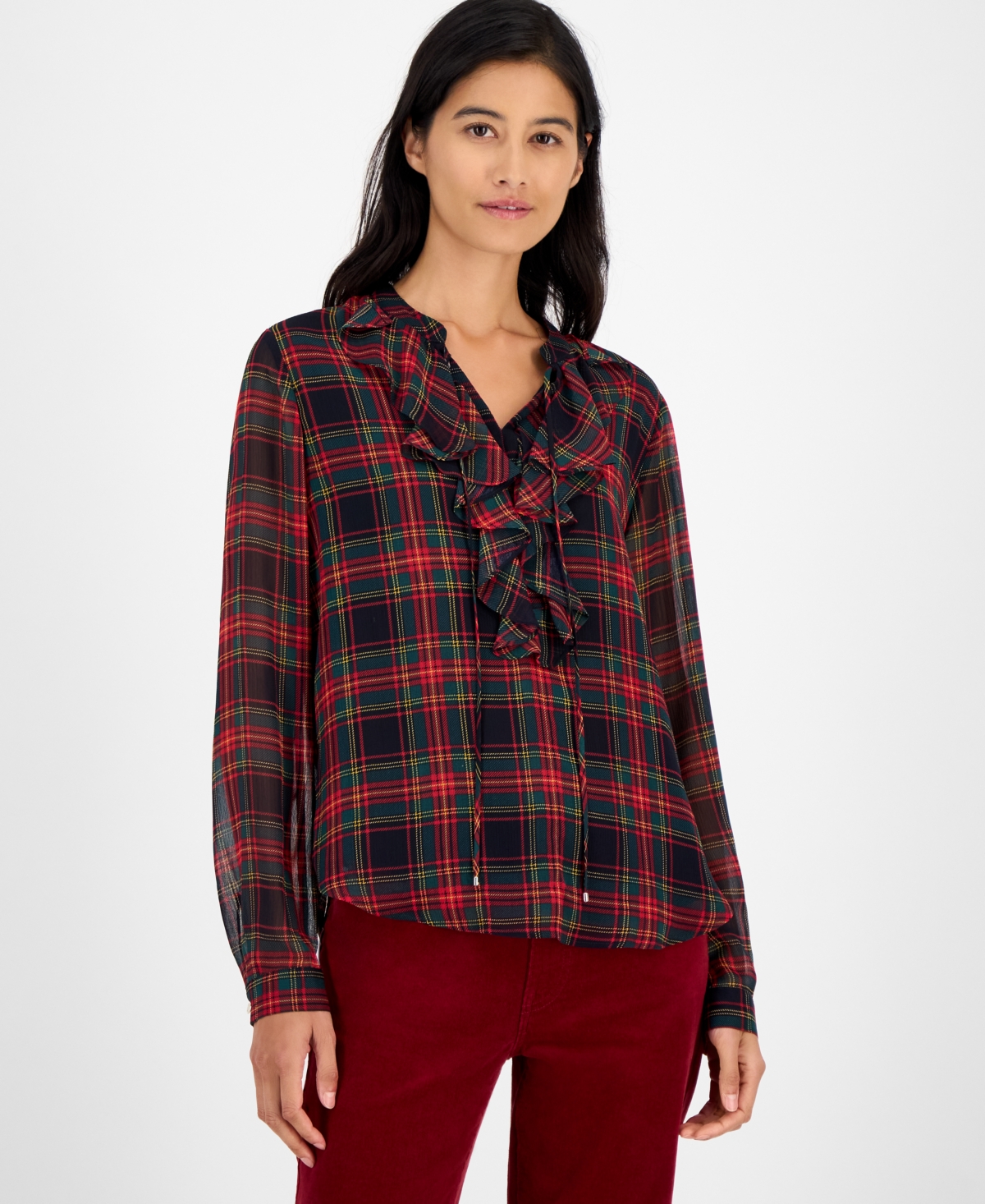 Click here for Tommy Hilfiger Womens Plaid Ruffled Top - Sky Capt... prices