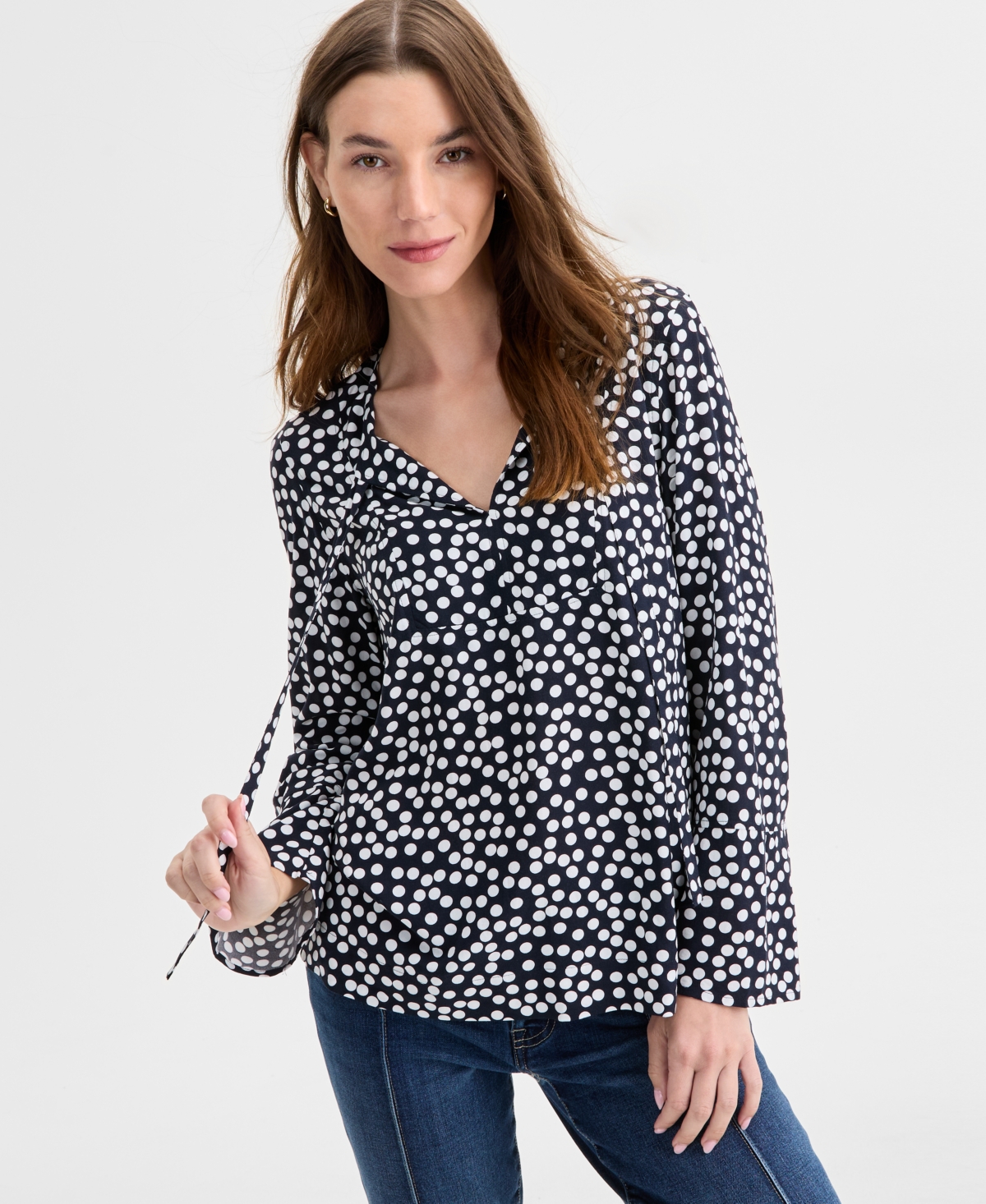 Click here for Nautica Jeans Womens Dot Print Tie-Neck Top - Nigh... prices