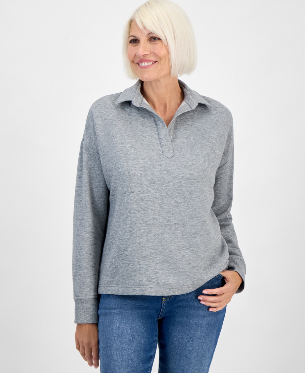 Click here for Style & Co Petite Heathered Johnny Collar Fleece T... prices