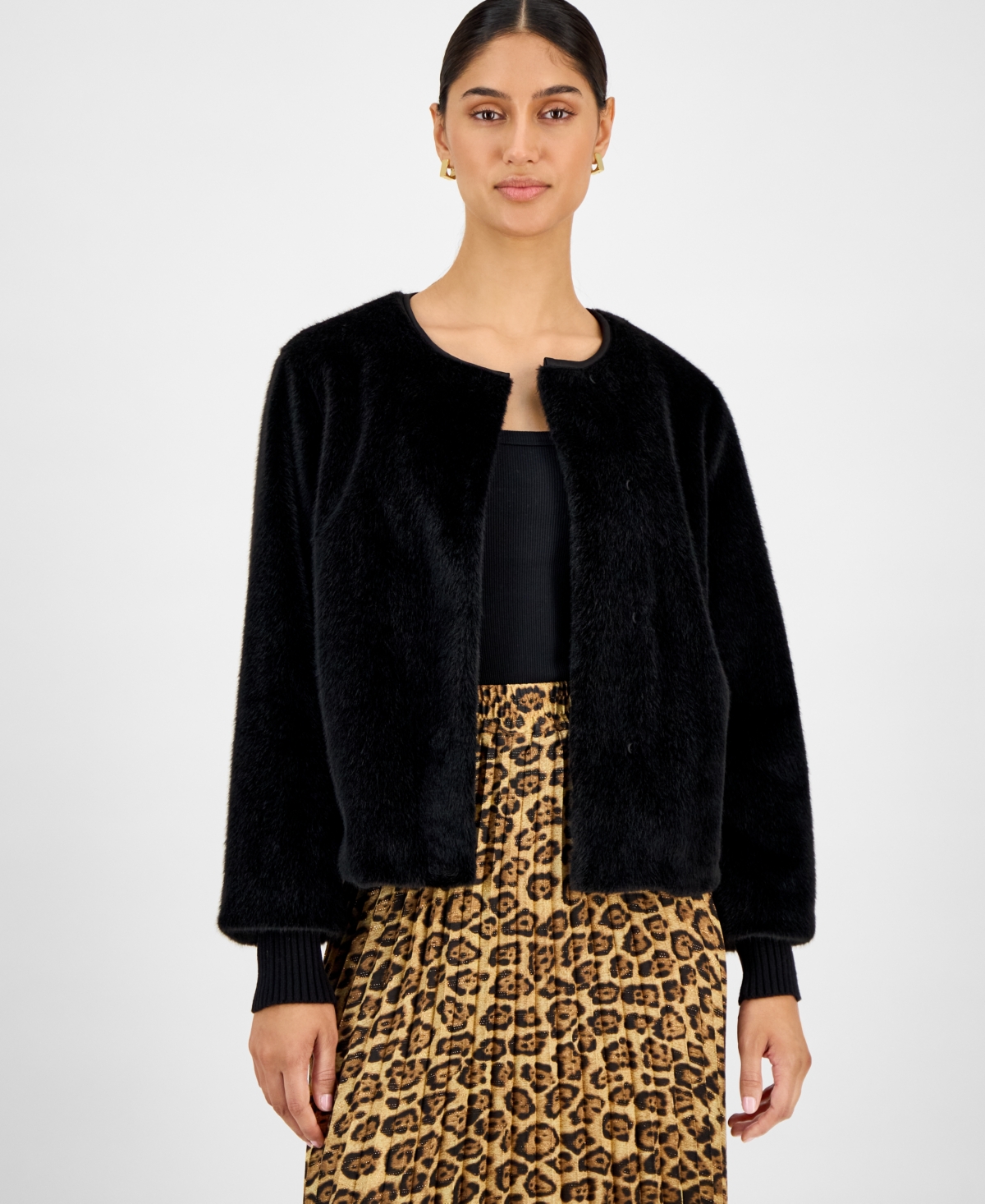 Click here for T Tahari Womens Knit-Cuff Faux-Fur Jacket - Black prices
