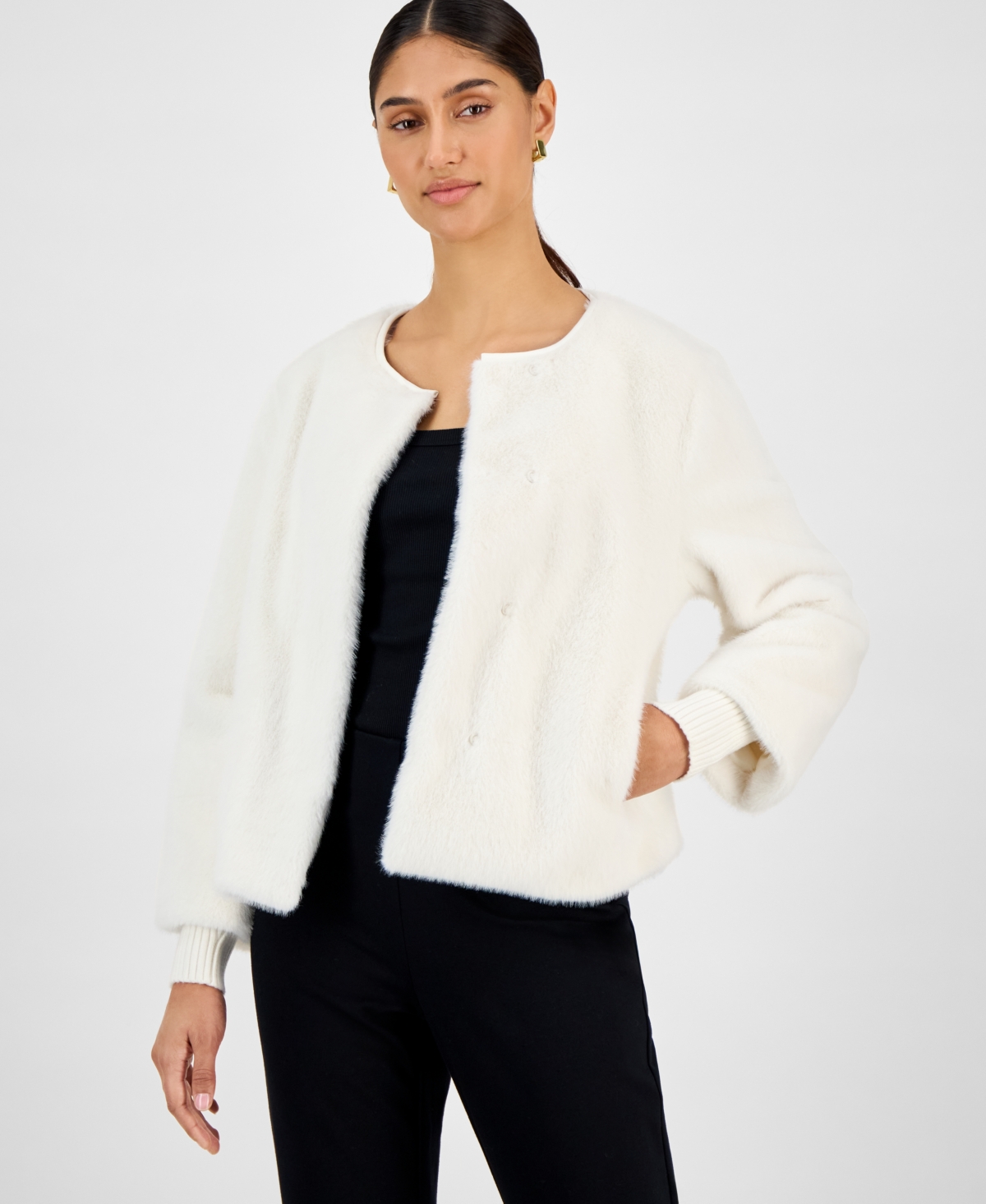 Click here for T Tahari Womens Knit-Cuff Faux-Fur Jacket - Soft I... prices