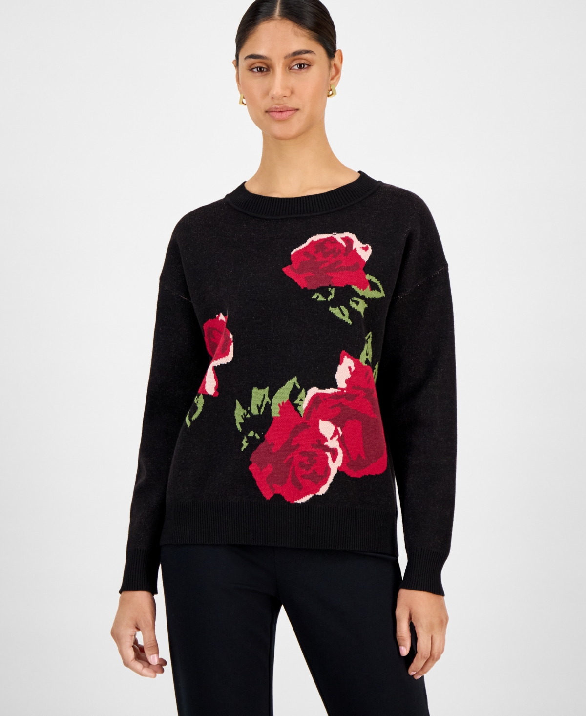 Click here for T Tahari Womens Rose-Print Crewneck Sweater - Blac... prices