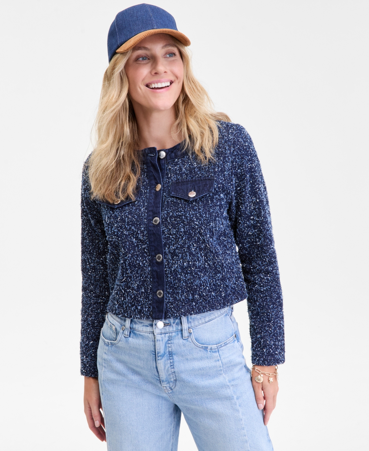 Click here for On 34th Womens Denim-Trim Tweed Cropped Jacket  Ma... prices