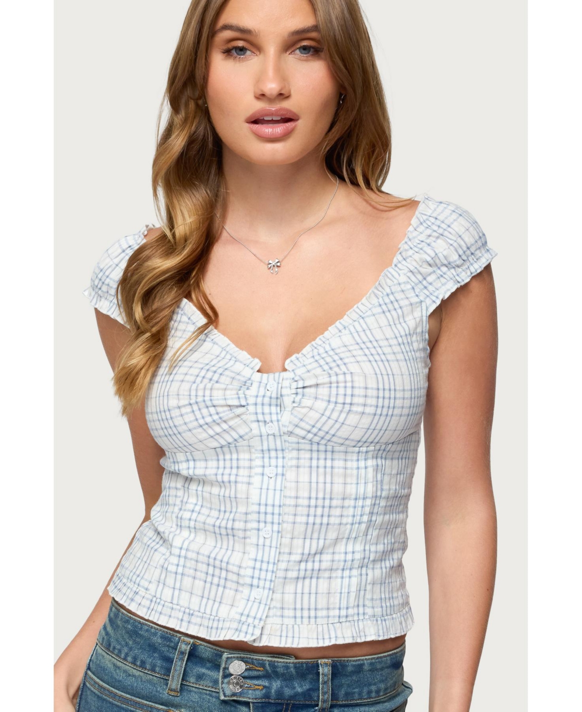 Click here for Edikted Womens Dolsy Plaid Button Up Top - Blue prices