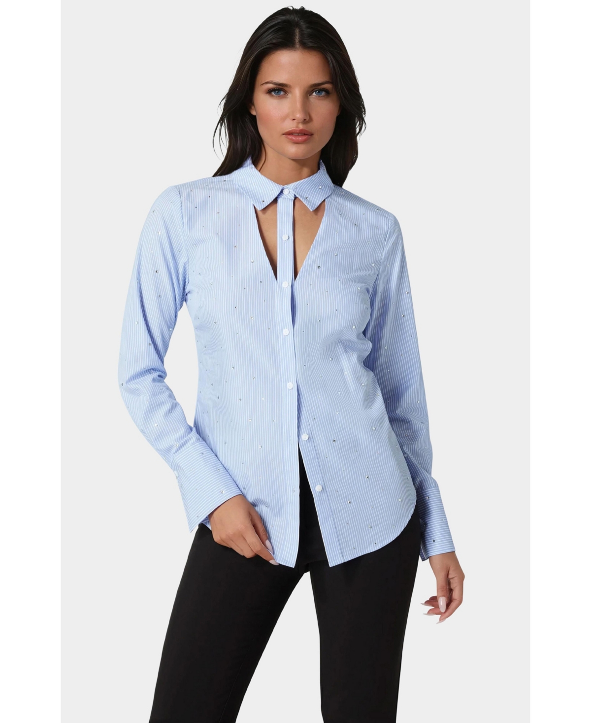 Click here for Bebe Womens Cut Out Rhinestone Poplin Blouse - Cle... prices