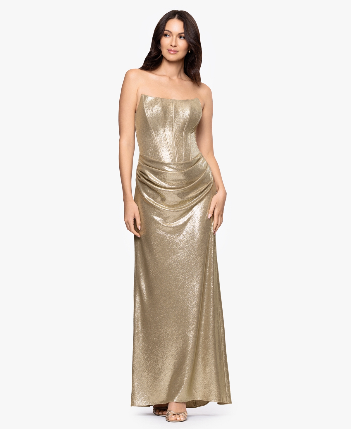 Click here for Betsy & Adam Womens Shiny Foil Strapless Dress - G... prices
