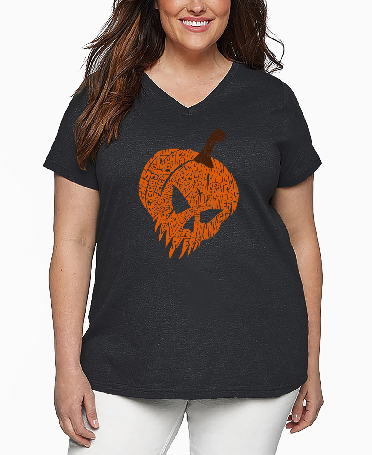 Click here for La Pop Art Plus Size Evil Pumpkin Word Art V-Neck... prices