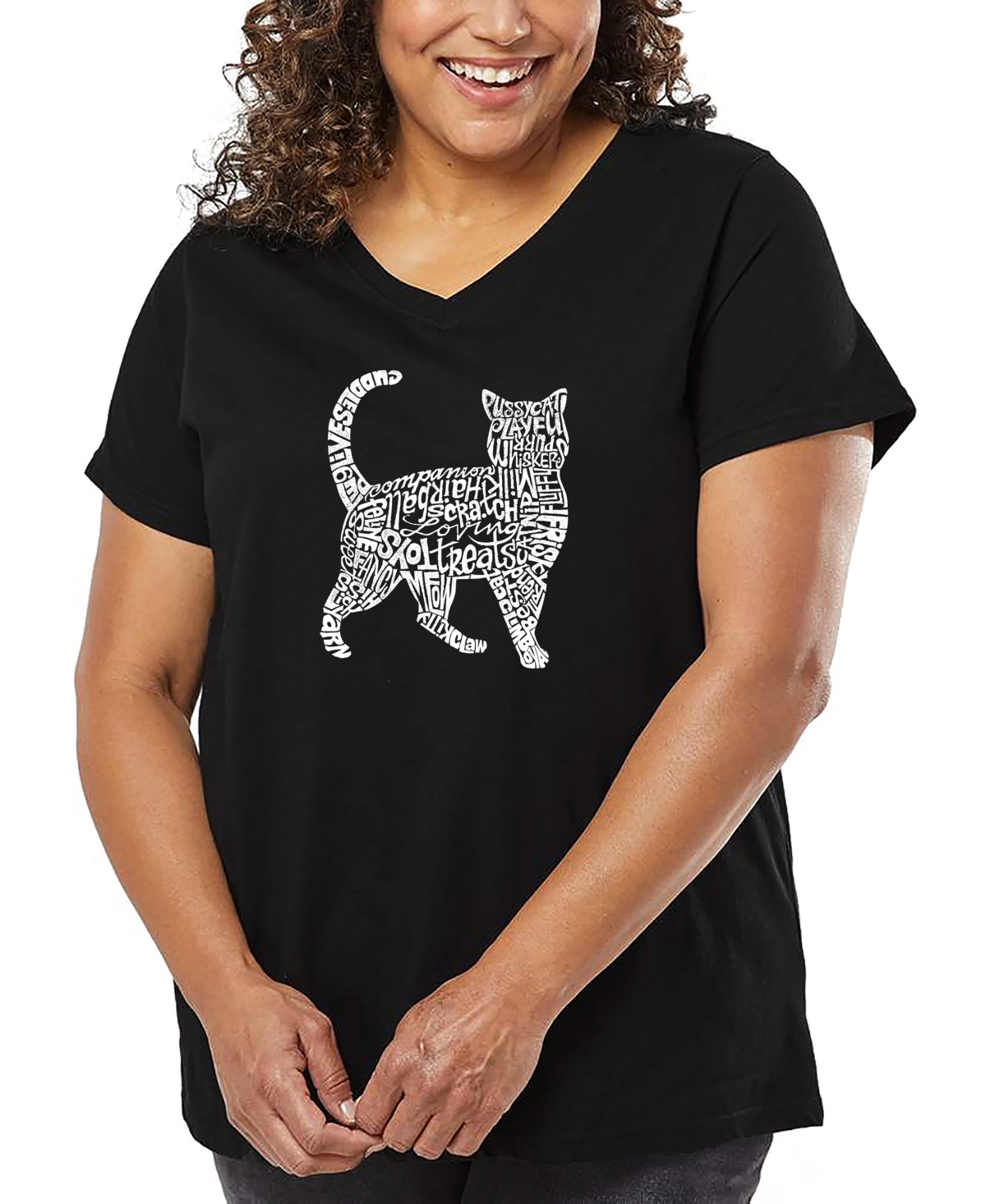 Click here for La Pop Art Plus Size Cat Word Art V-Neck T-Shirt -... prices
