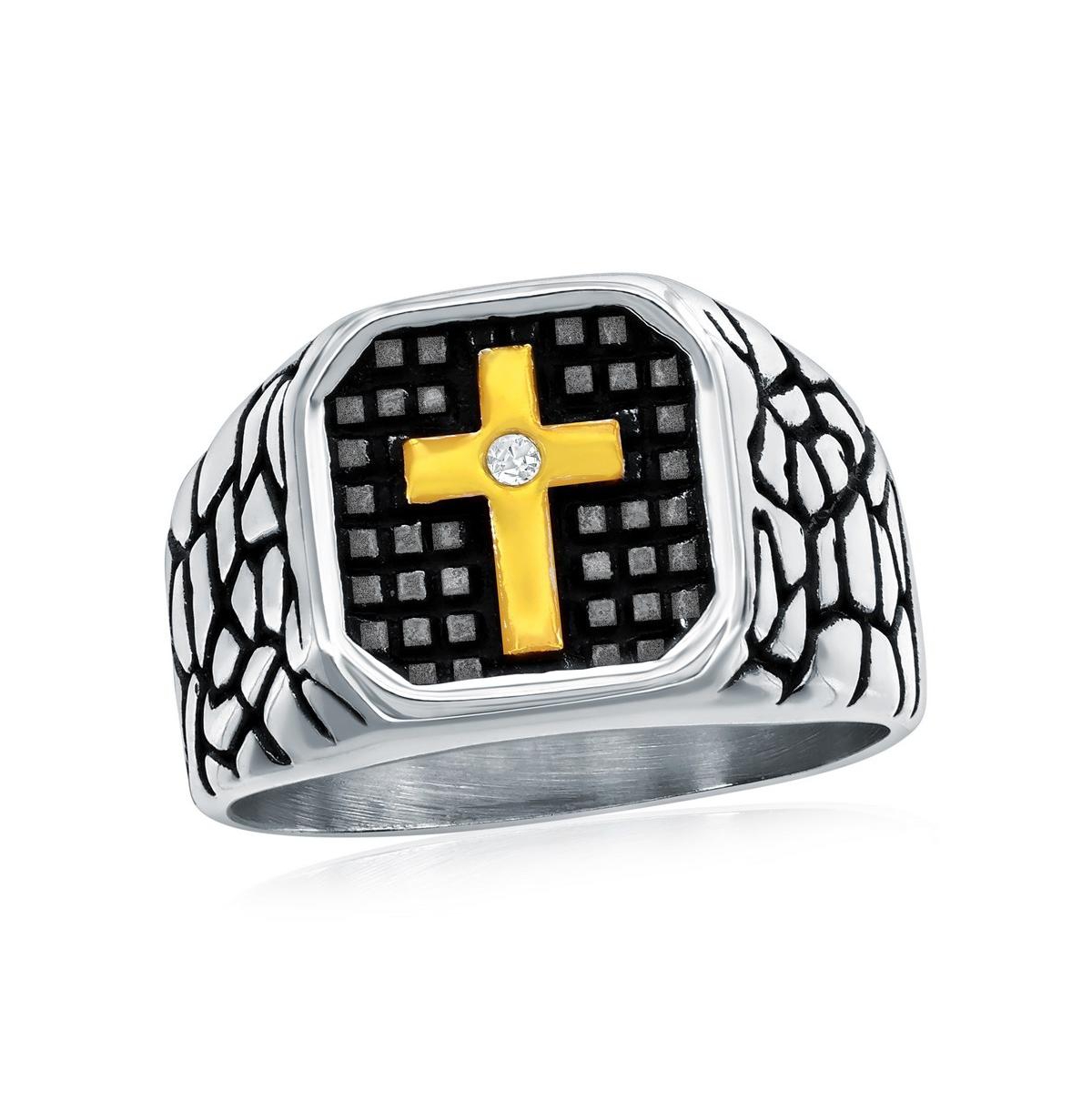 Stainless Steel  Gold Cz Cross  Pebbled Design Ring - Silver  gold