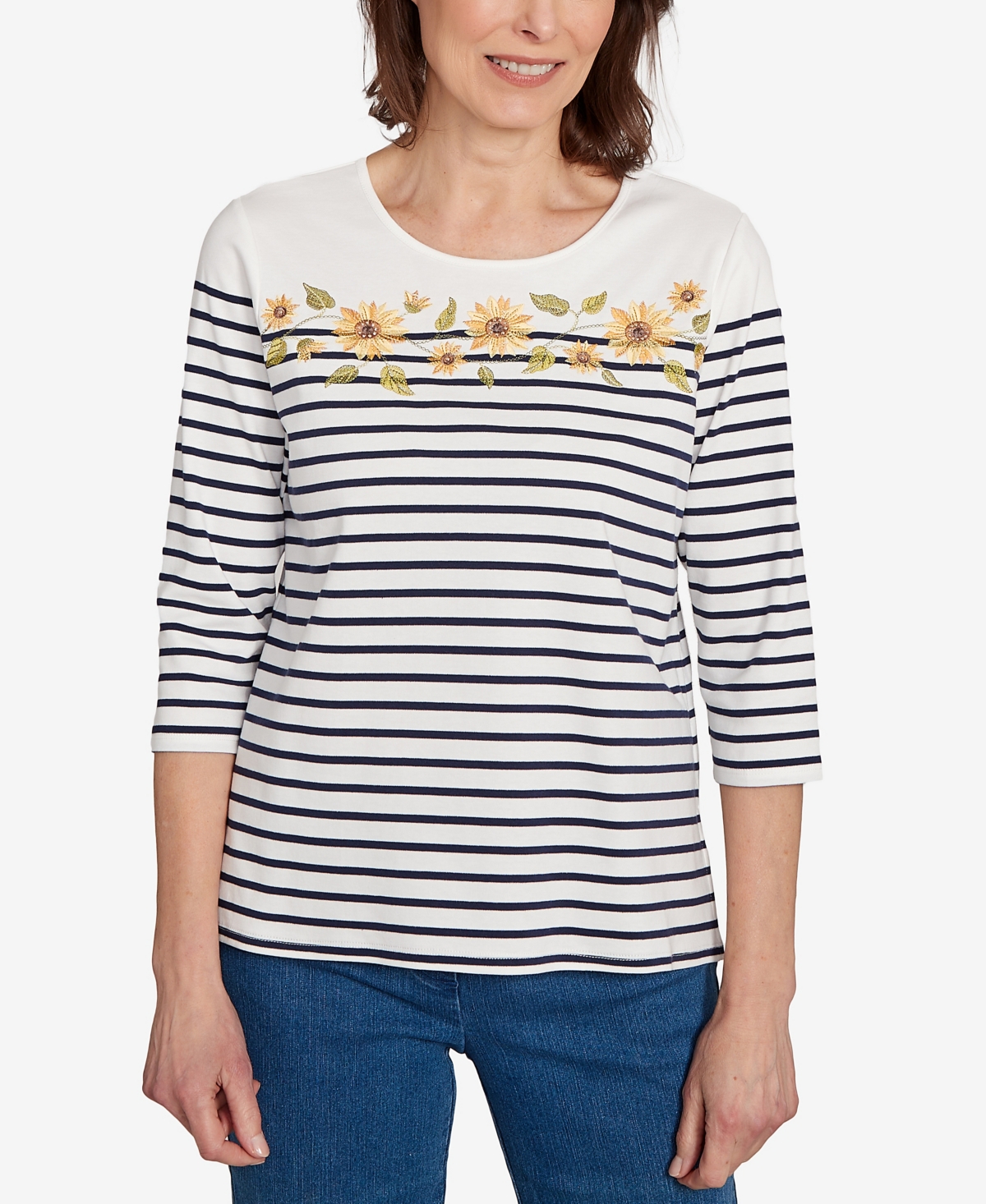Click here for Alfred Dunner Womens Classic Sunflower Striped Cre... prices