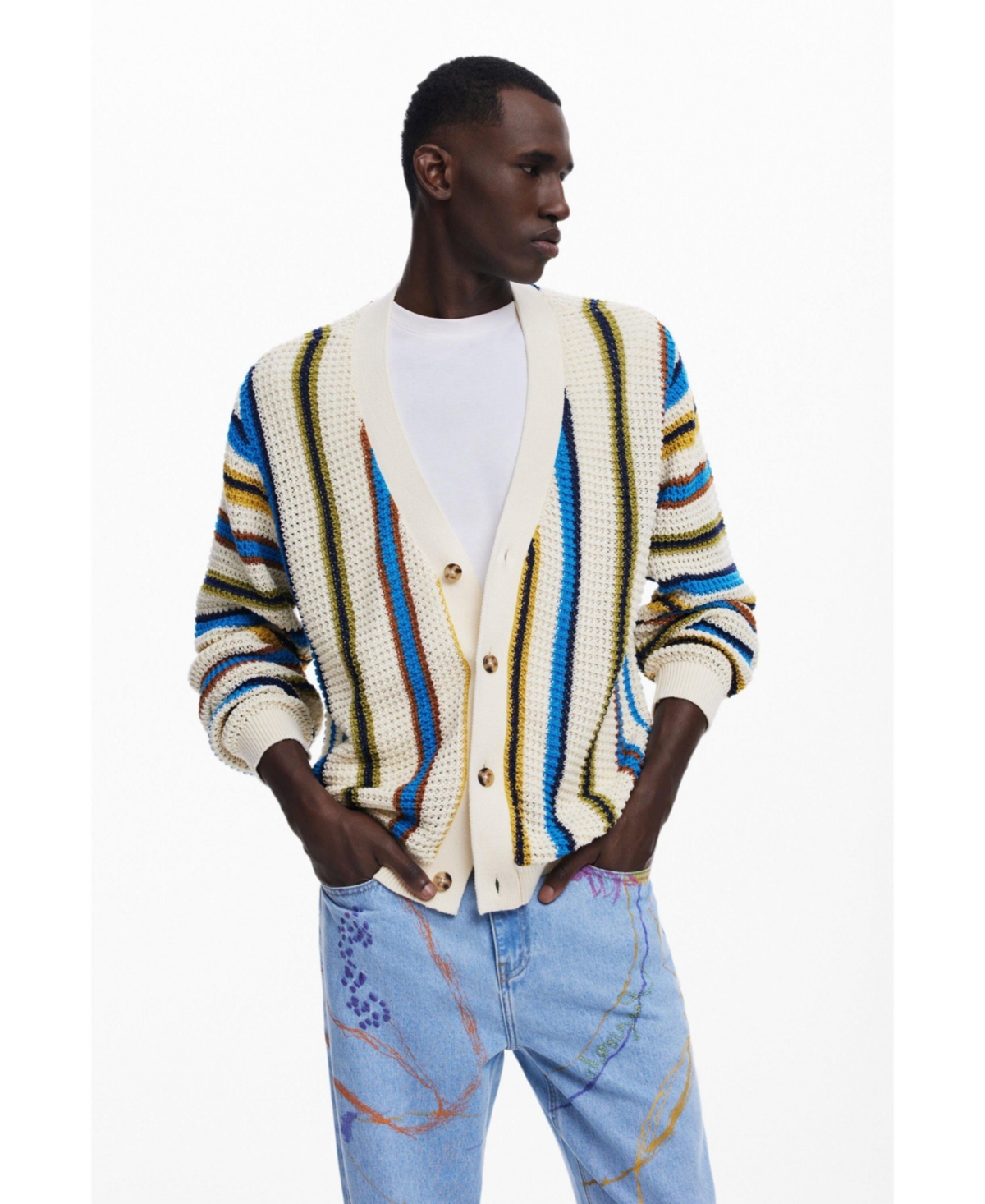 Click here for Desigual Mens Striped knit cardigan - Light beige prices