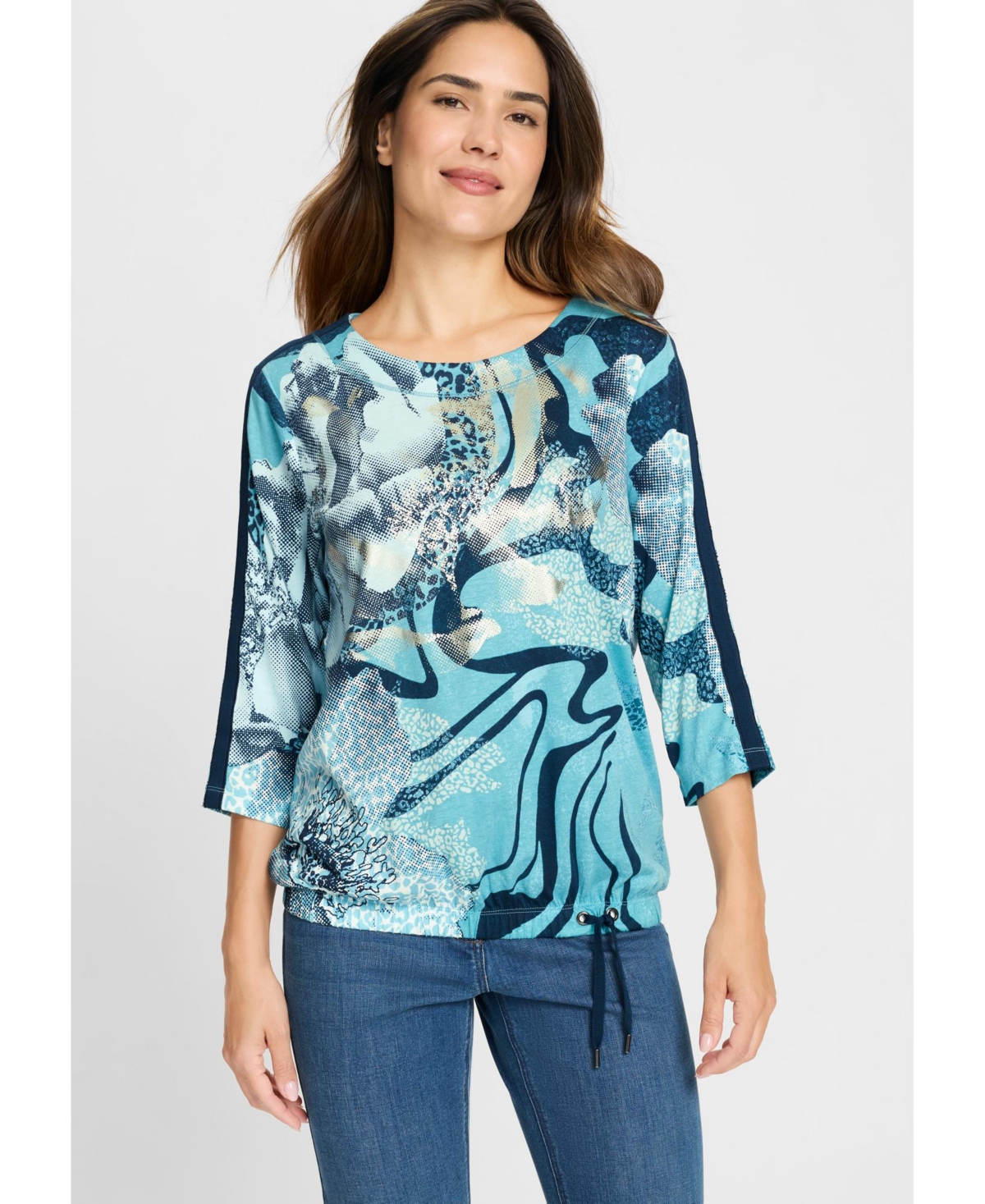 Click here for Olsen Womens Panneaux Print T-Shirt - Ink blue prices