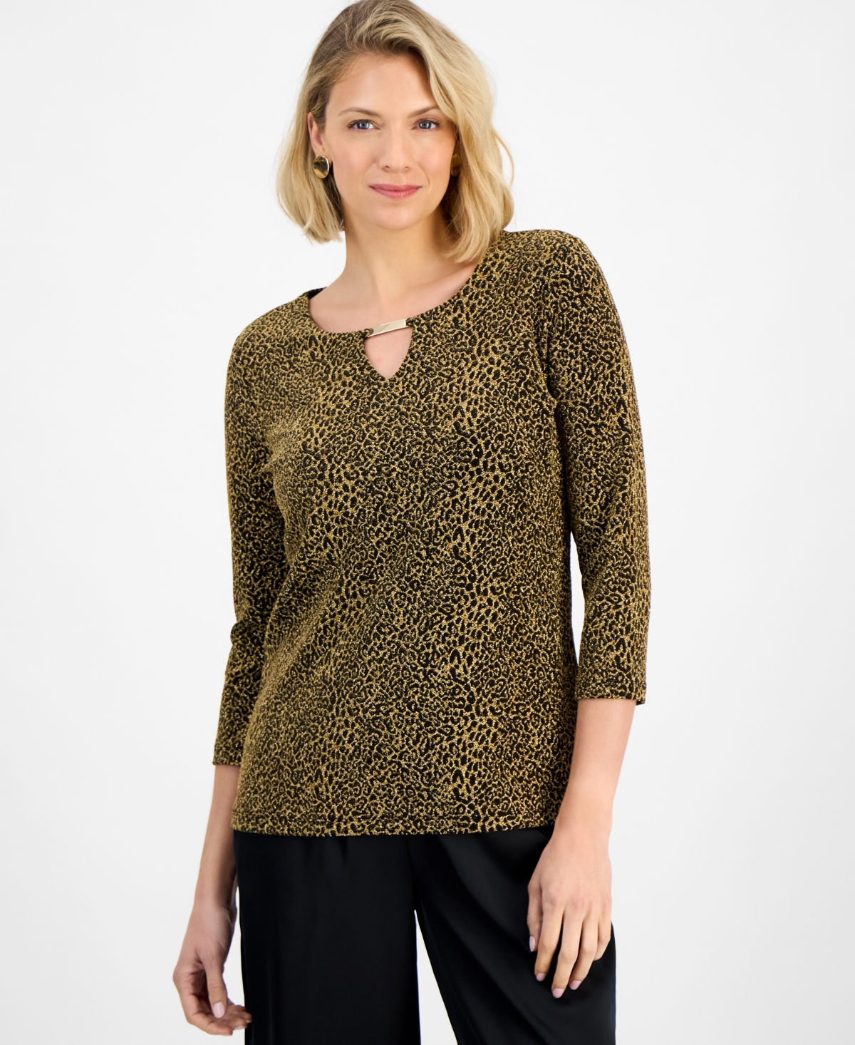 Click here for Jm Collection Womens Gold Cheetah Keyhole Top  Mac... prices