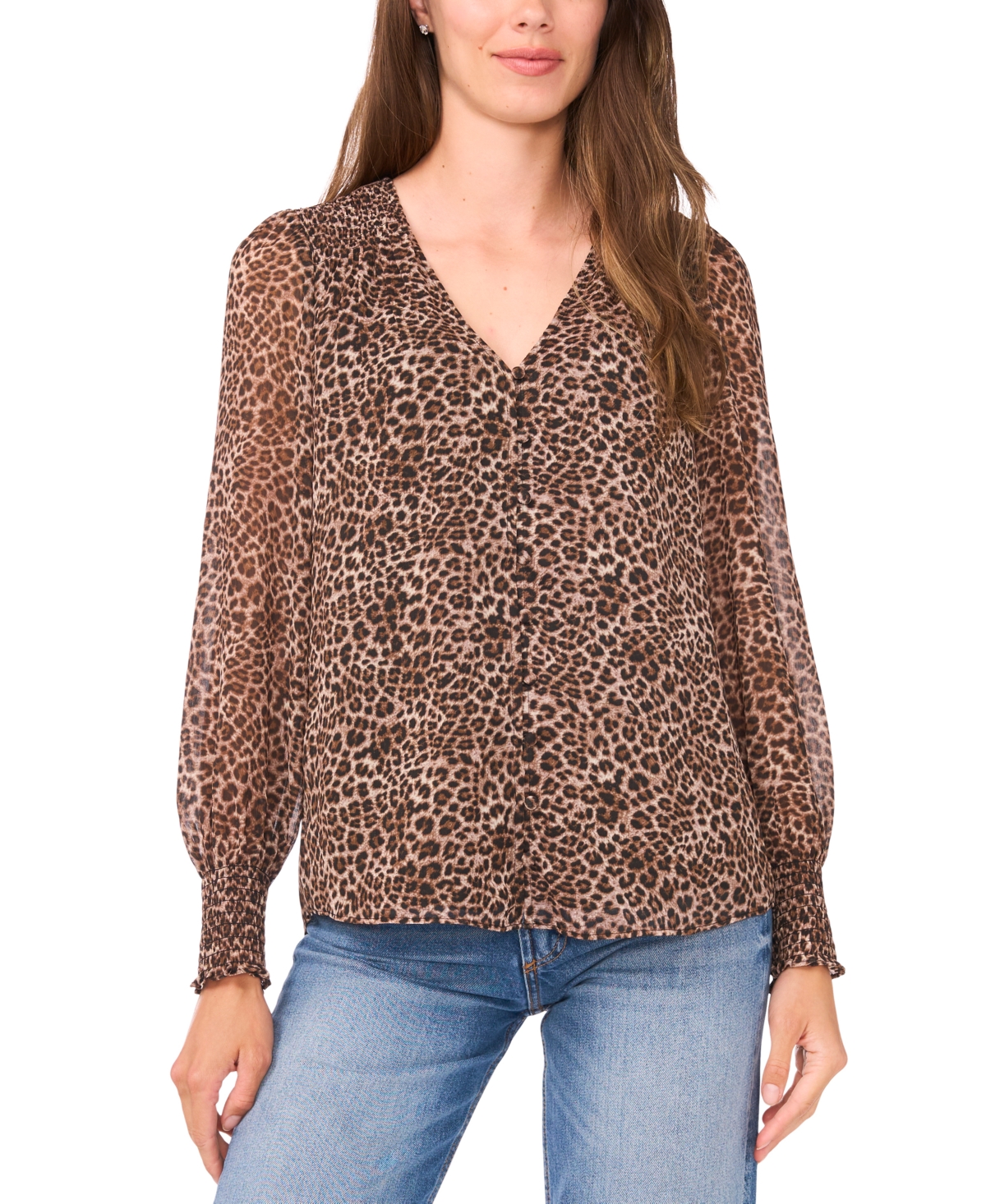 Click here for Sam & Jess Womens V-Neck Button-Front Smocked-Shou... prices