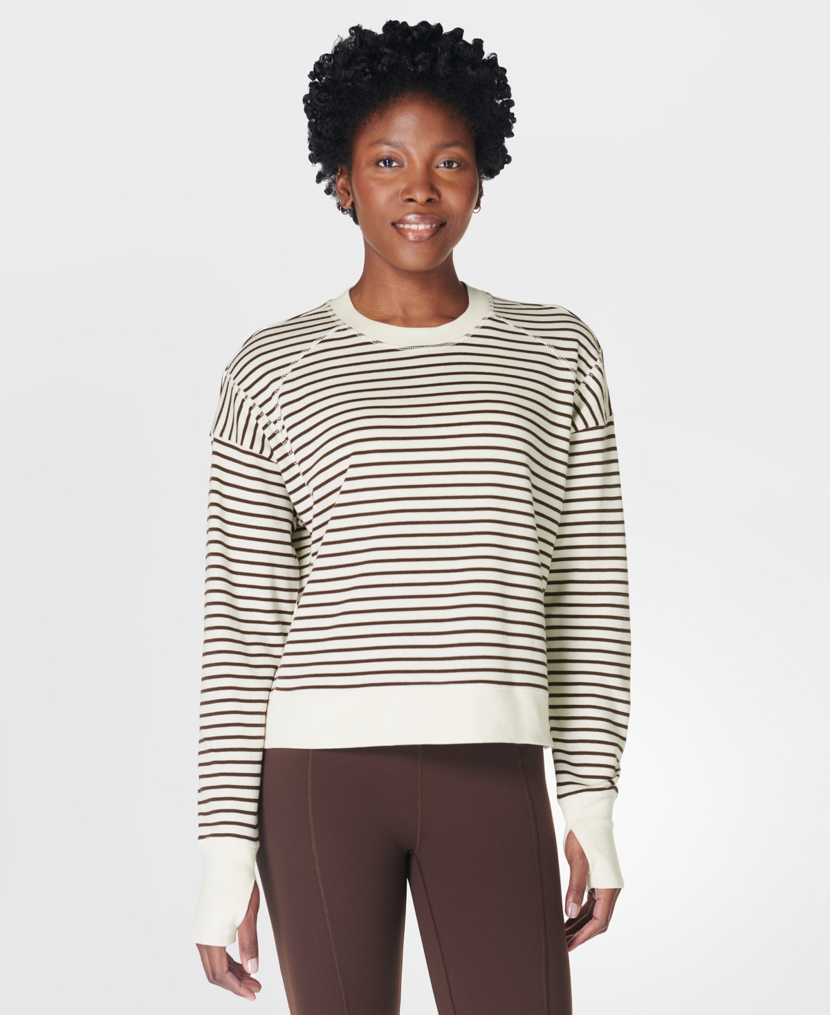 Sweaty Betty Womens After Class Cropped Sweatshirt - Lilywhite Sablebrown Stripe