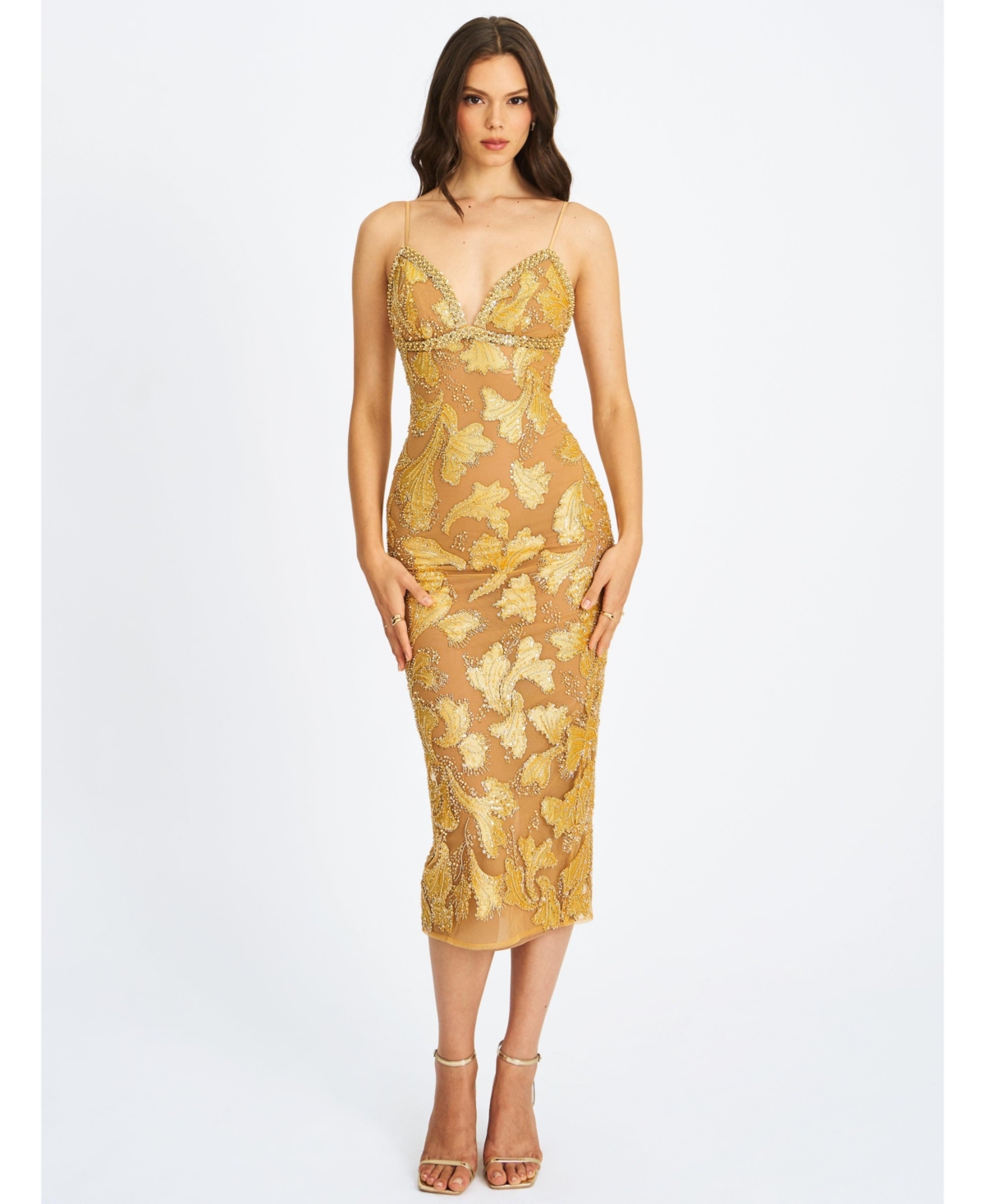 Click here for Miss Circle Womens Edie Gold Beaded Sequin Midi Pe... prices