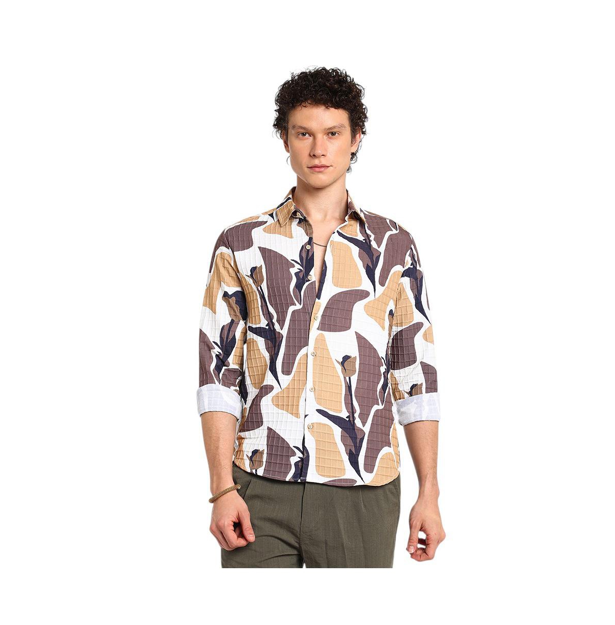 Click here for Campus Sutra Mens Taupe Brown & Beige Abstract Tul... prices
