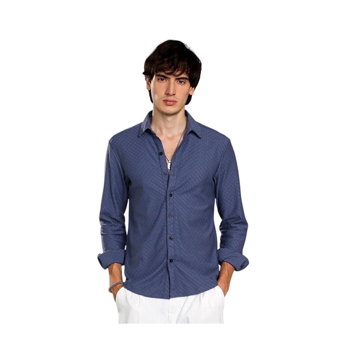 Click here for Campus Sutra Mens Aegean Blue Geometric-Weave Text... prices