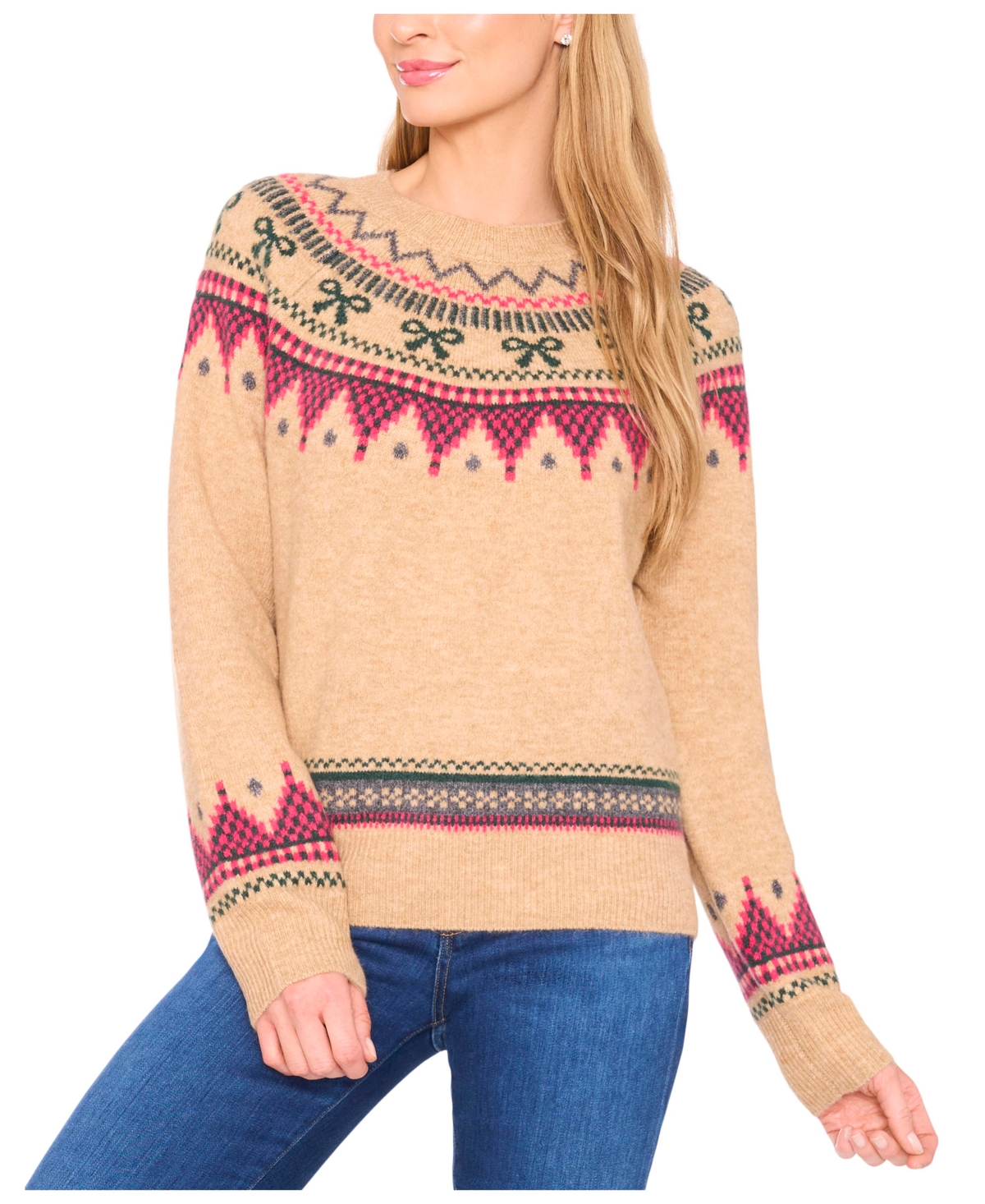 Click here for CeCe Womens Ribbon Fair Isle Crewneck Sweater - La... prices