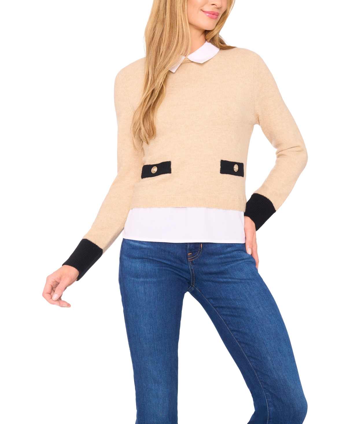 Click here for CeCe Womens Two-Fer Collared Pocket Detail Sweater... prices