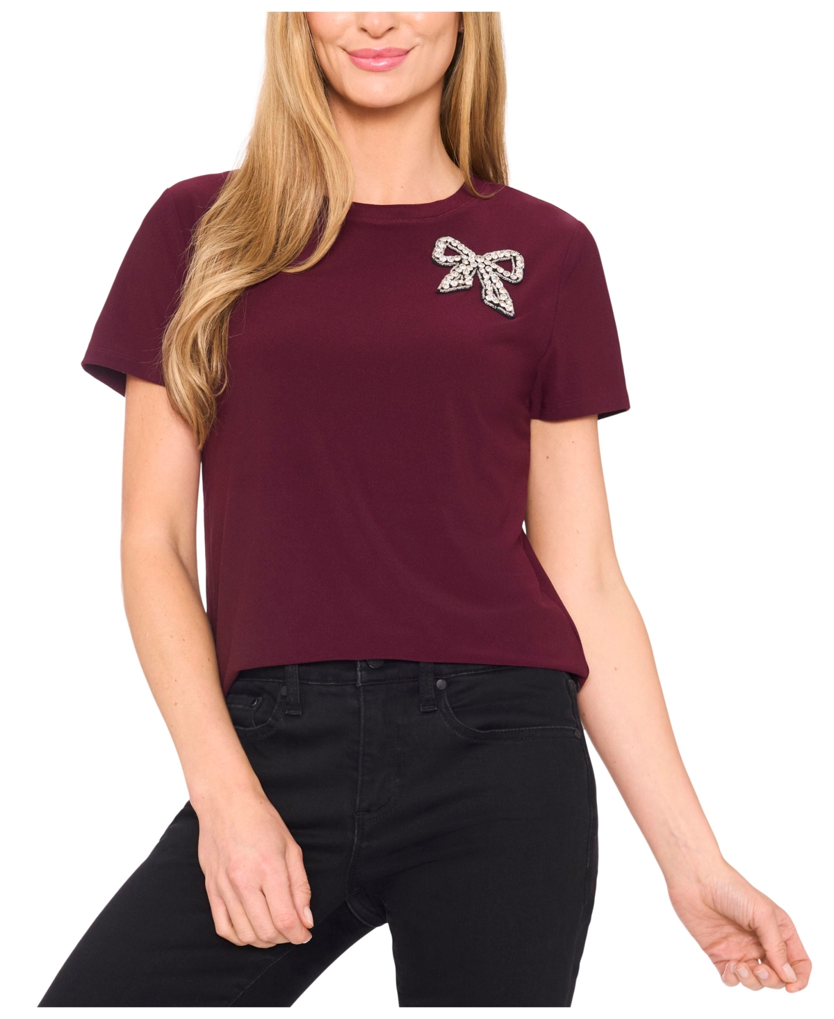 Click here for CeCe Womens Embellished Bow Tee - Rich Cabernet prices