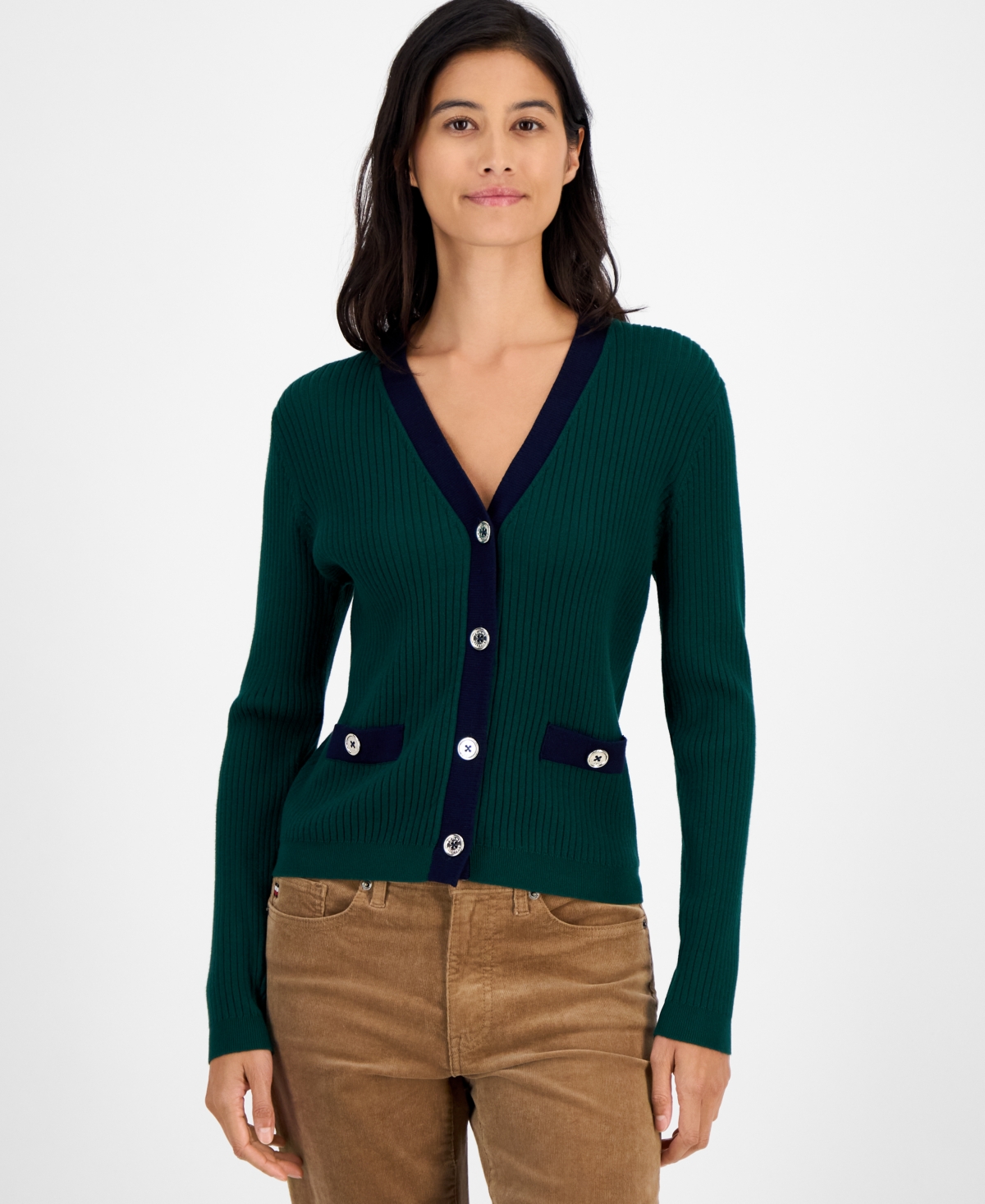 Click here for Tommy Hilfiger Womens Contrast Trim V-Neck Button-... prices