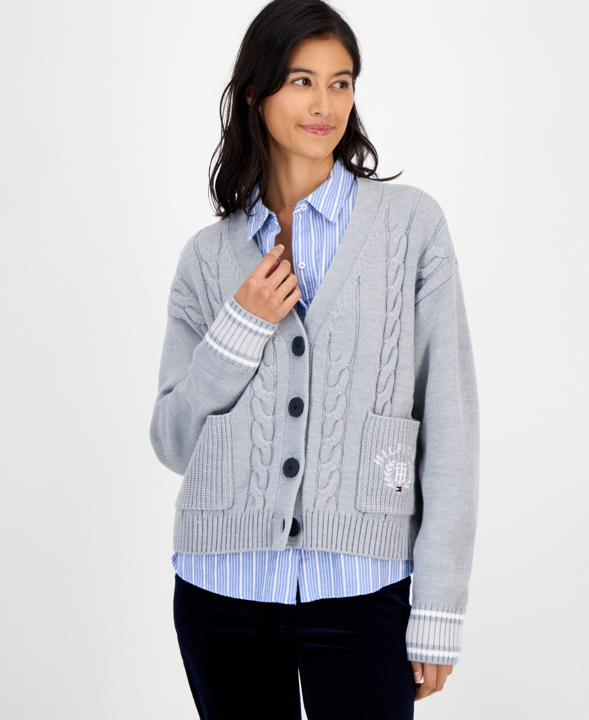 Click here for Tommy Hilfiger Womens Cable-Knit Varsity Cardigan... prices