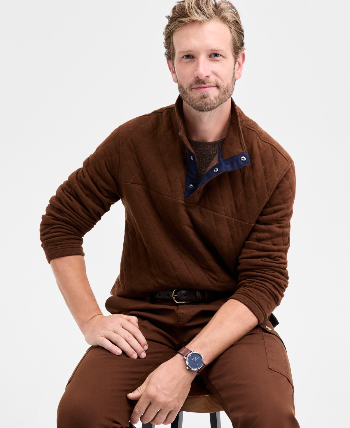 Club Room Mens Quilted Snap Mock Neck Sweater  Macys Exclusive - Classic Br