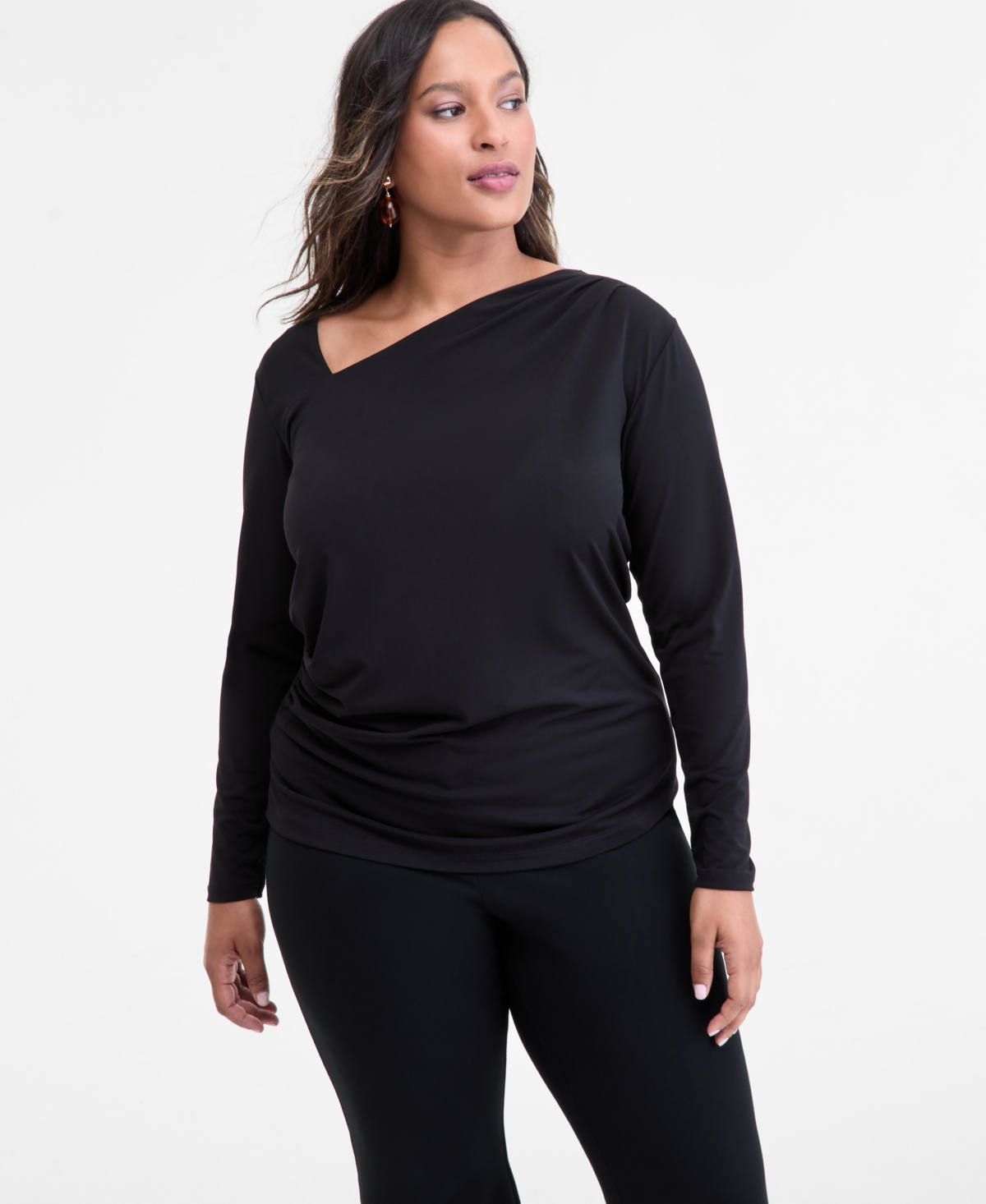 I.n.c. International Concepts Plus Size Asymmetric-Neck Long-Sleeve Top  Macys Exclusive - Deep Black