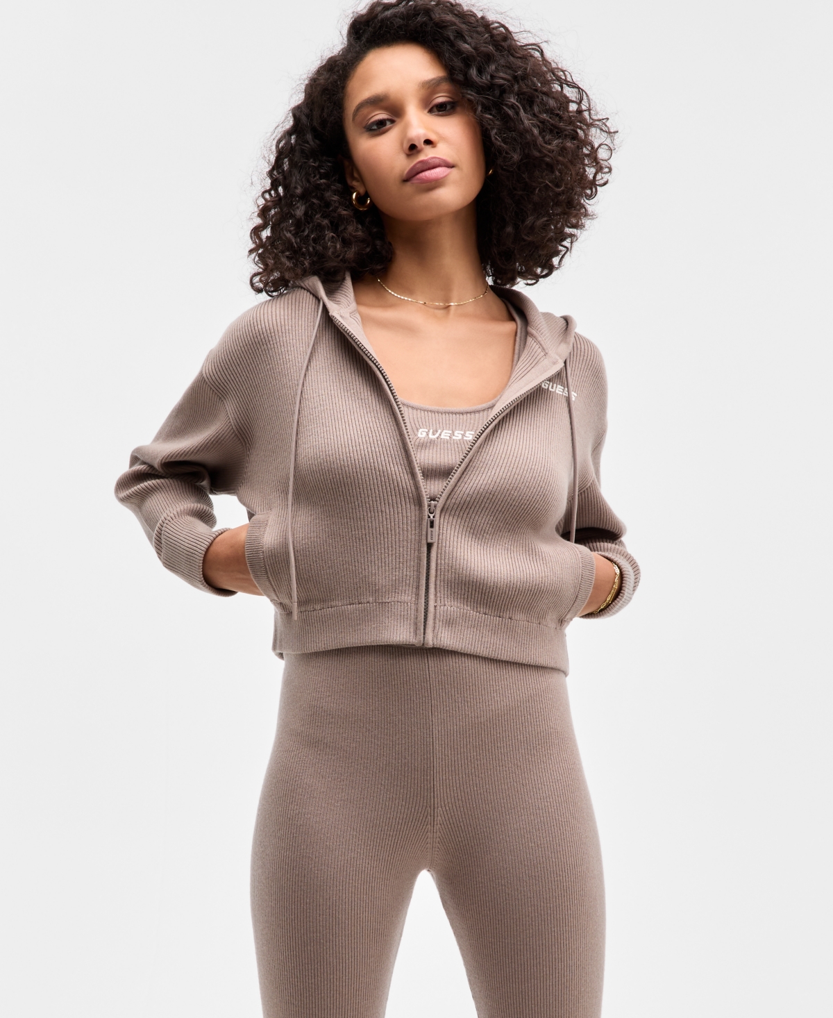 Click here for Guess Womens Flaminia Ribbed Zip Hoodie - Slate Ma... prices