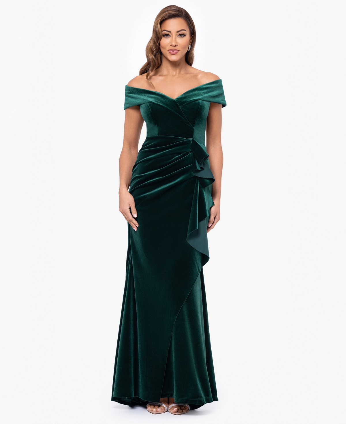 Click here for Xscape Womens Off-The-Shoulder Ruffle Velvet Dress... prices