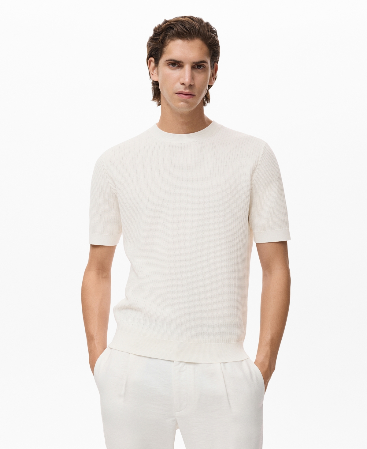 Click here for Mango Mens Cotton Knitted T-Shirt - Off White prices