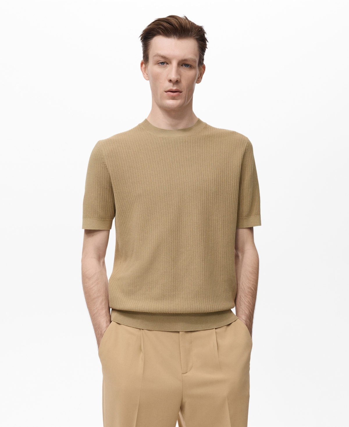 Click here for Mango Mens Cotton Knitted T-Shirt - Beige prices